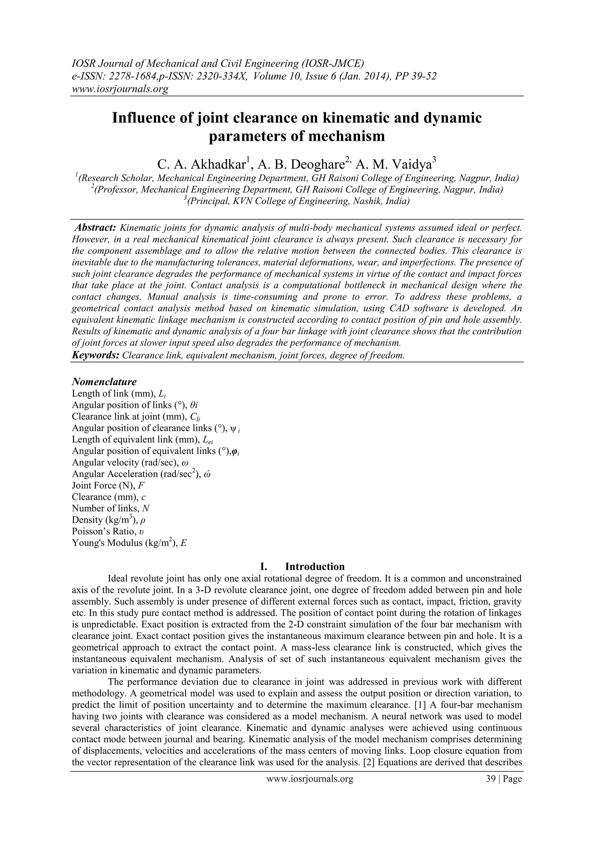 Influence of joint clearance on kinematic and dynamic parameters of ...