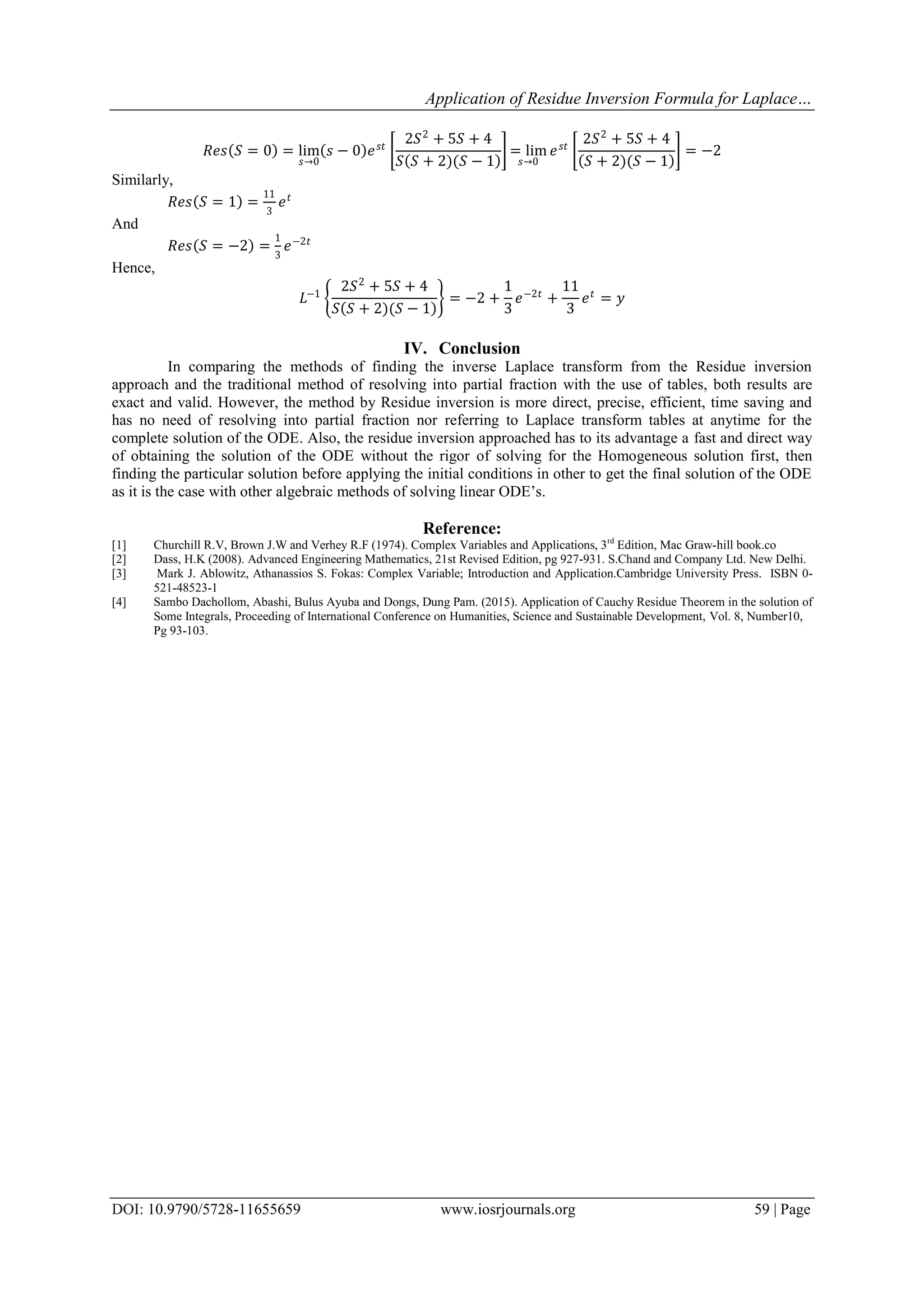 Application of Residue Inversion Formula for Laplace Transform to ...
