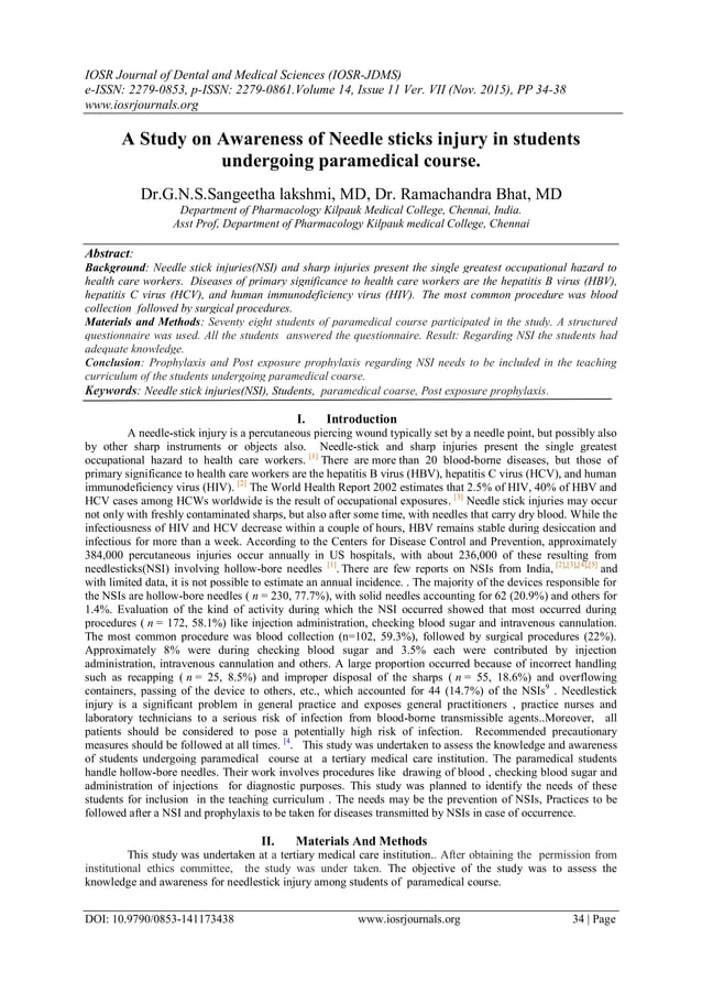 A Study on Awareness of Needle sticks injury in students undergoing ...