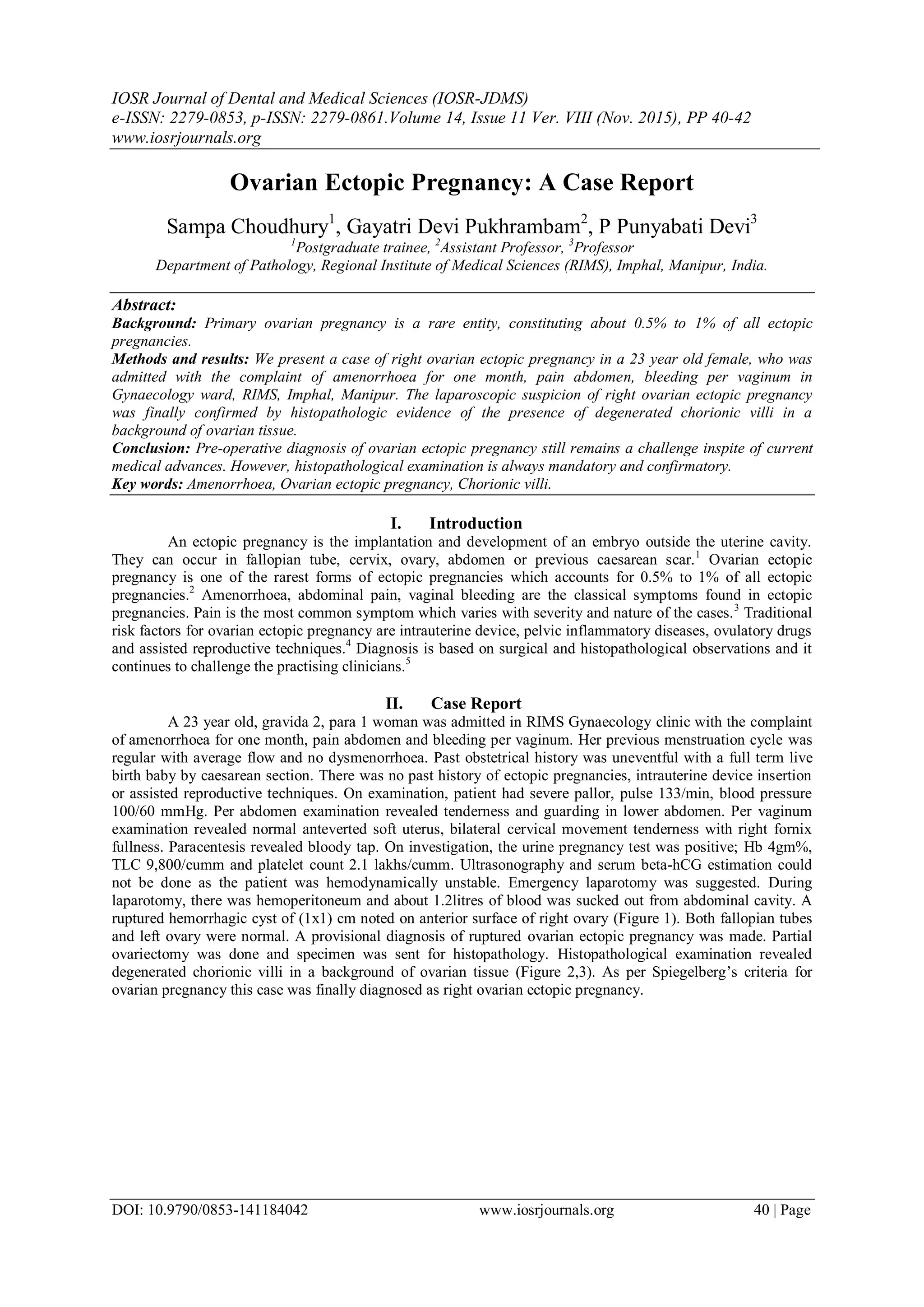 Ovarian Ectopic Pregnancy: A Case Report | PDF