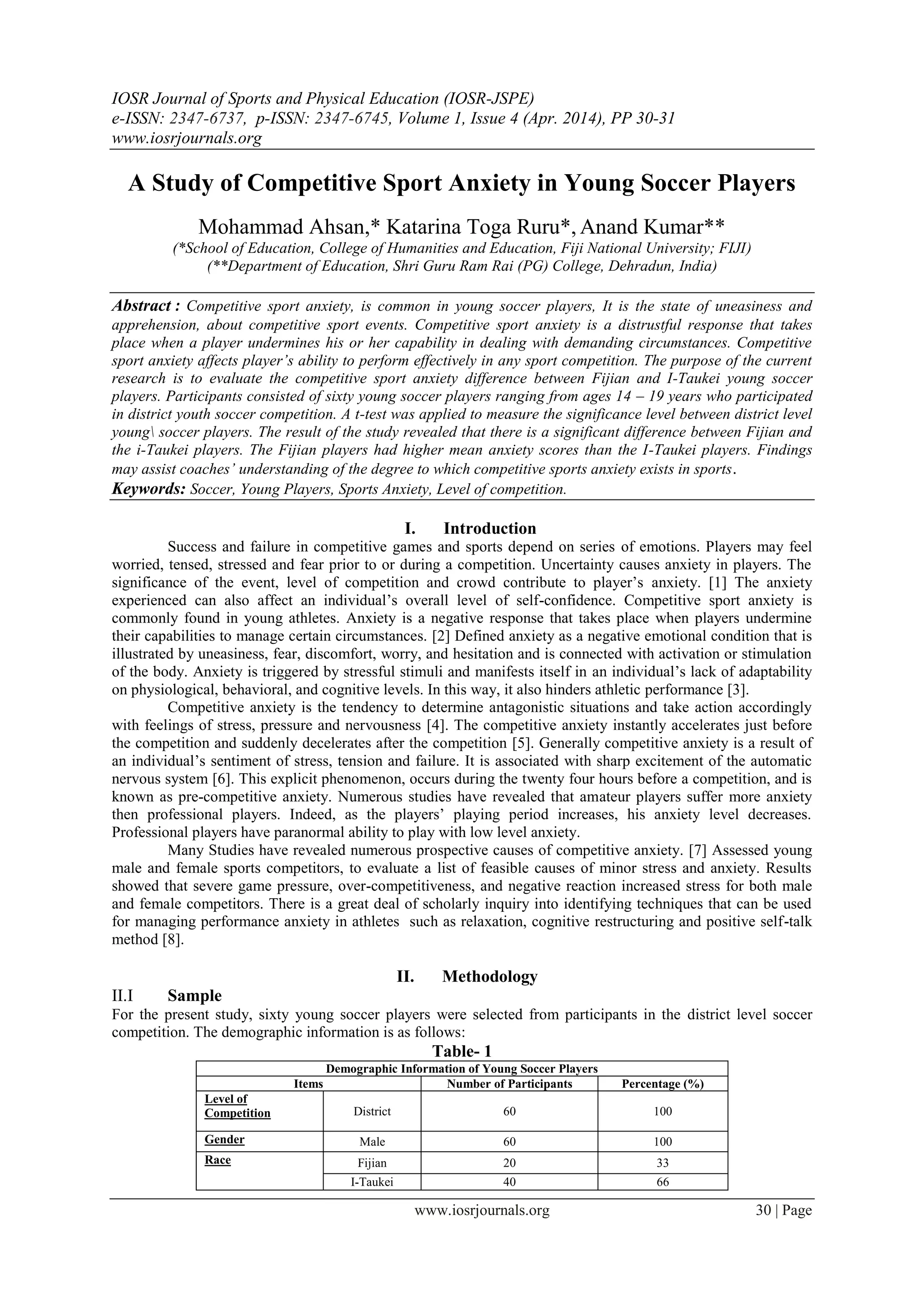 A Study of Competitive Sport Anxiety in Young Soccer Players | PDF