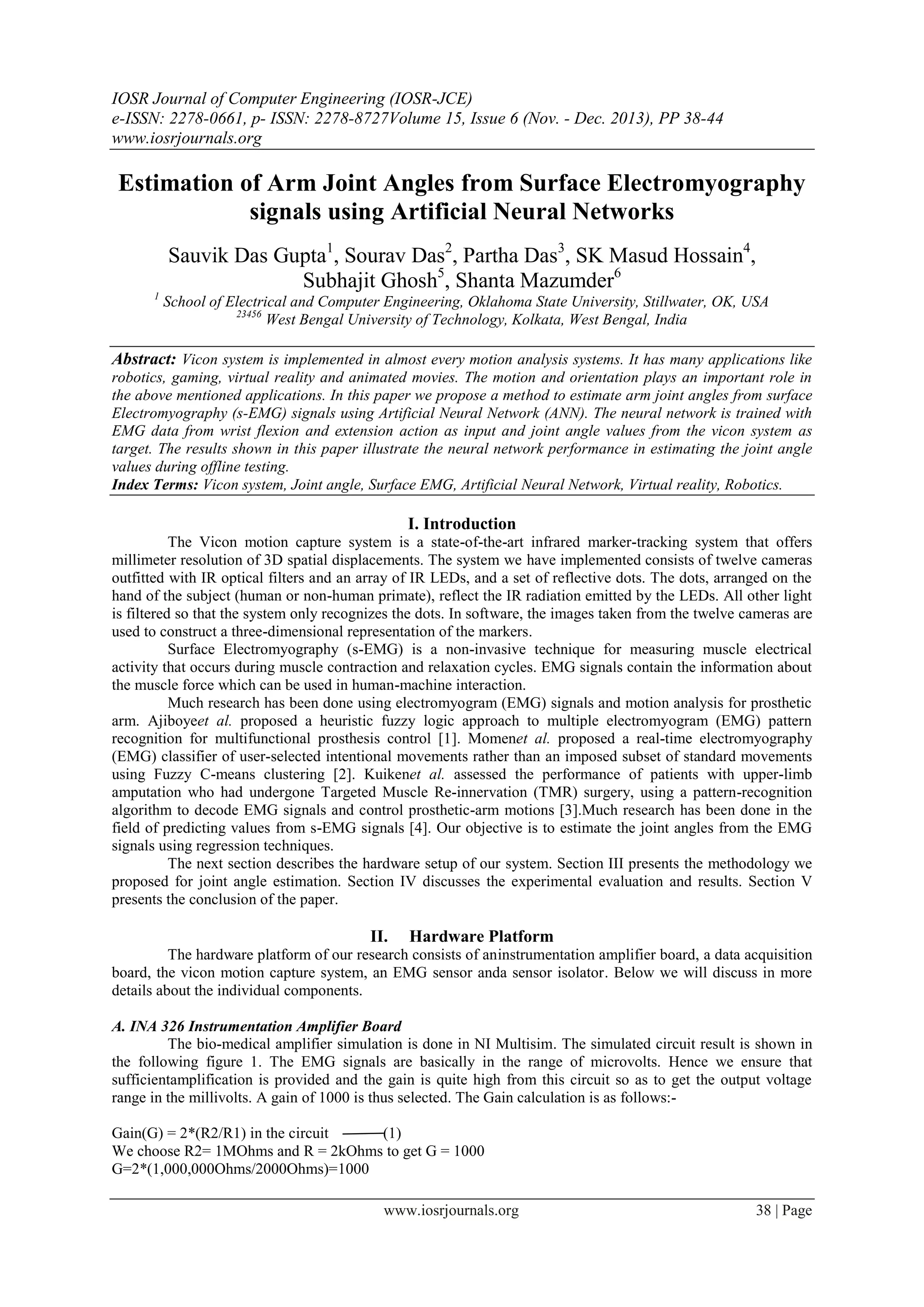 Estimation Of Arm Joint Angles From Surface Electromyography Signals Using Artificial Neural