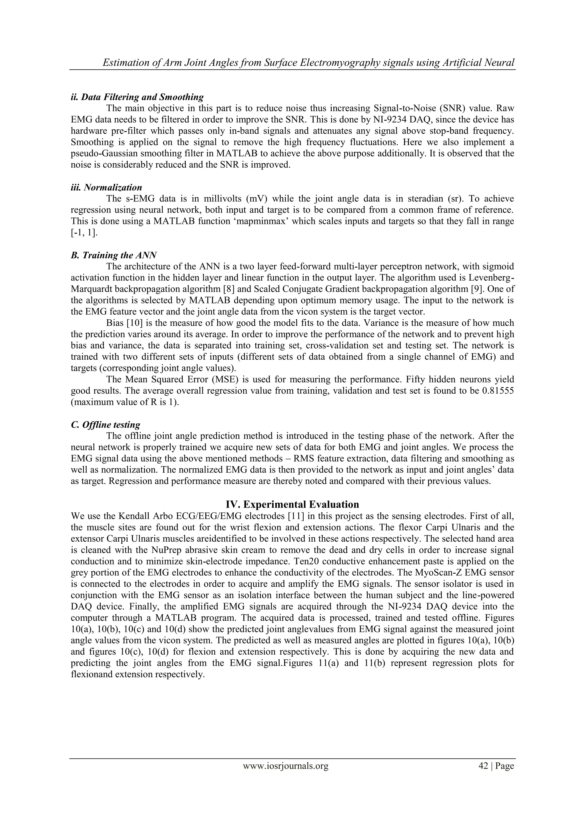 Estimation of Arm Joint Angles from Surface Electromyography signals using Artificial Neural ...