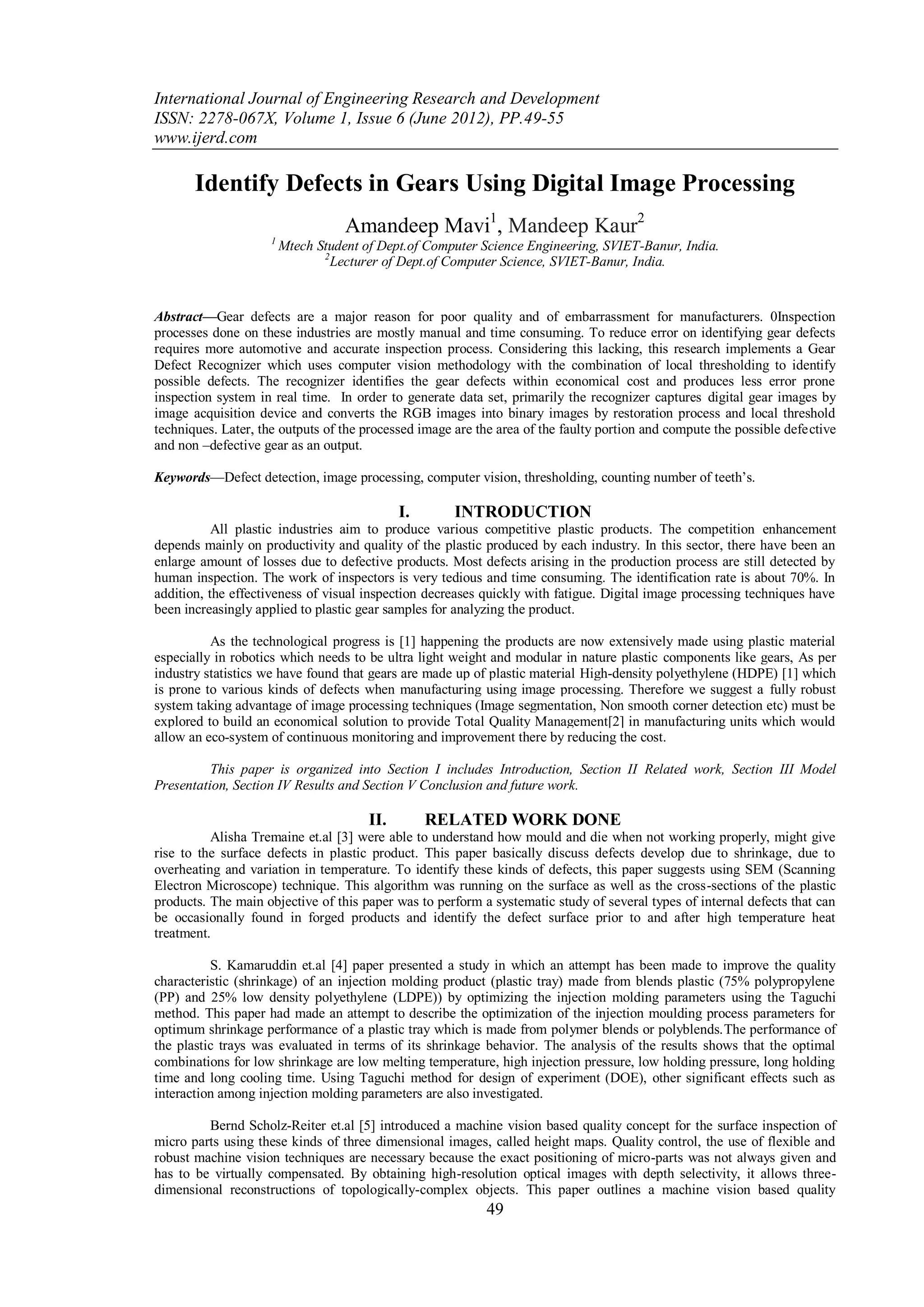 Identify Defects in Gears Using Digital Image Processing | PDF