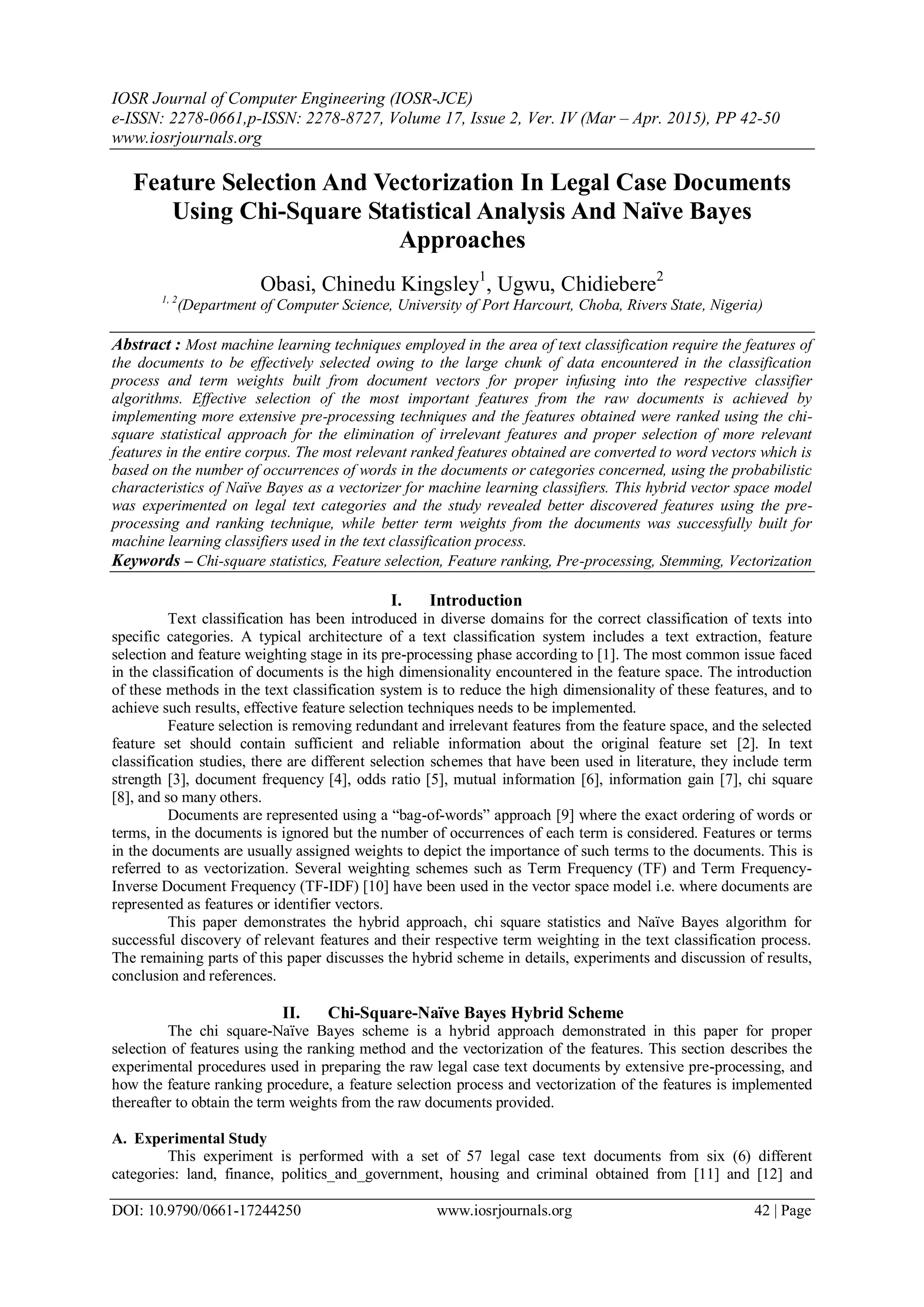 Feature Selection And Vectorization In Legal Case Documents Using Chi-Square Statistical ...