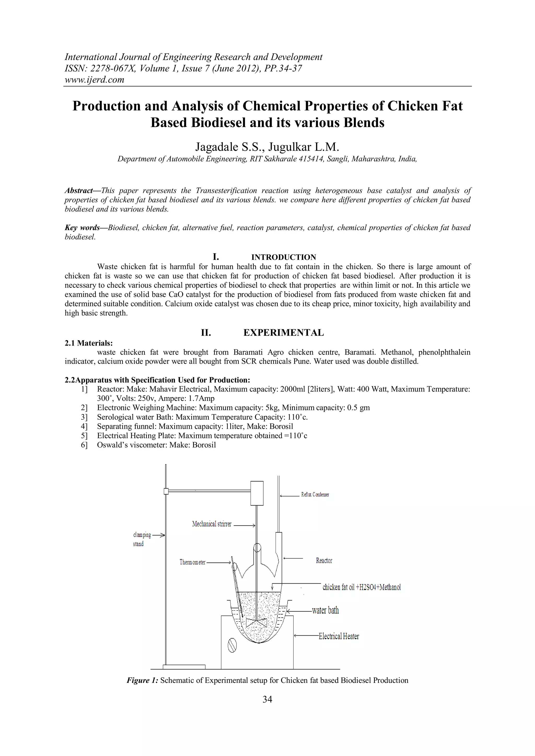 Production and Analysis of Chemical Properties of Chicken Fat Based ...