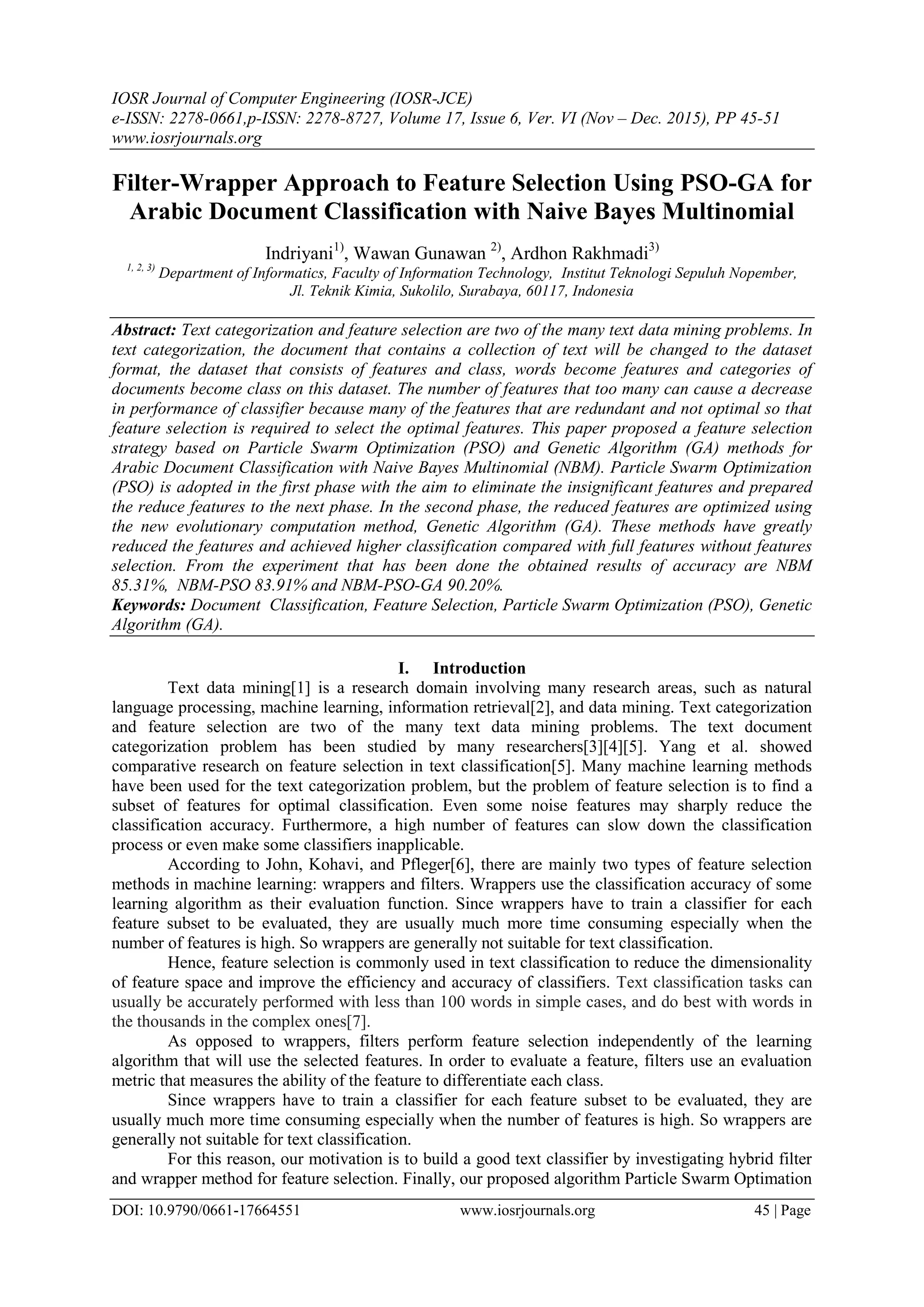 Filter-Wrapper Approach to Feature Selection Using PSO-GA for Arabic Document Classification ...