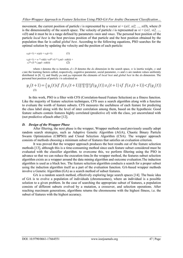 Filter Wrapper Approach To Feature Selection Using Pso Ga For Arabic Document Classification