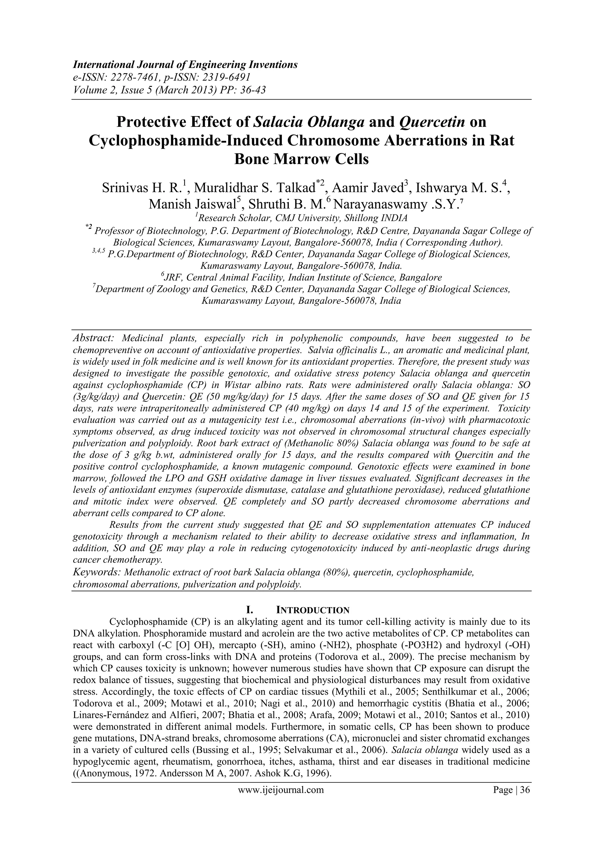 Protective Effect of Salacia Oblanga and Quercetin on Cyclophosphamide ...