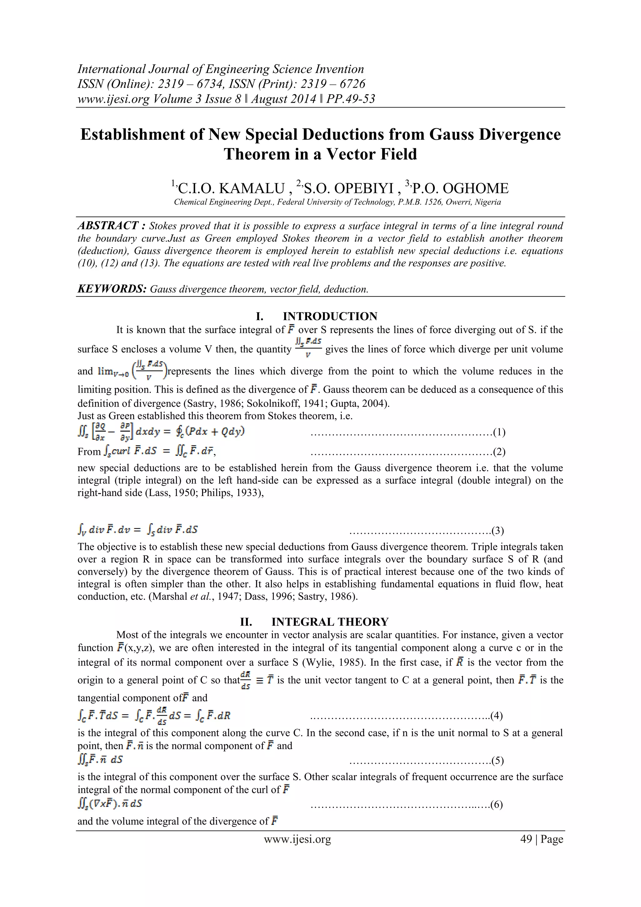 Establishment of New Special Deductions from Gauss Divergence Theorem ...