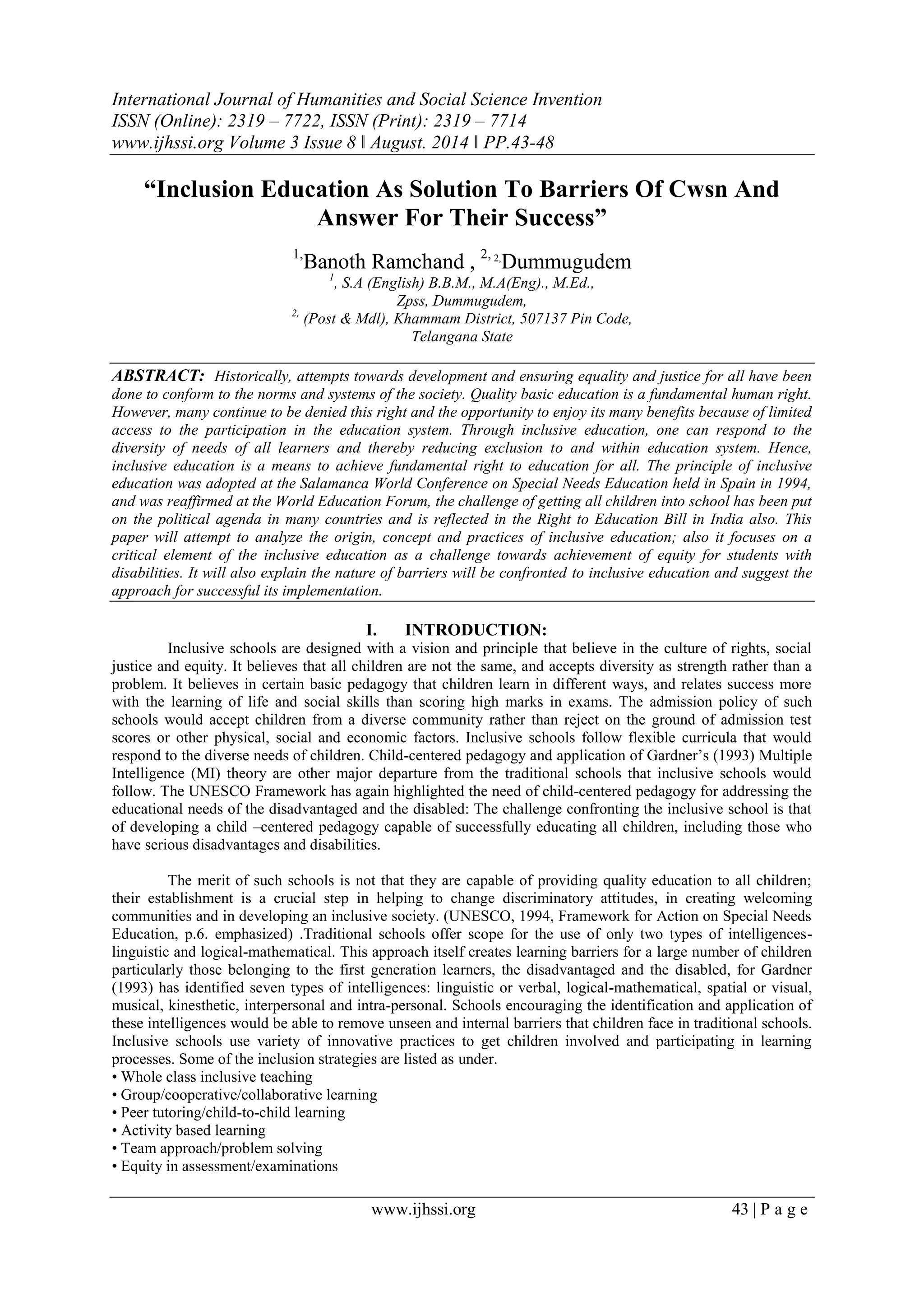 Inclusion Education As Solution To Barriers Of Cwsn And Answer For ...