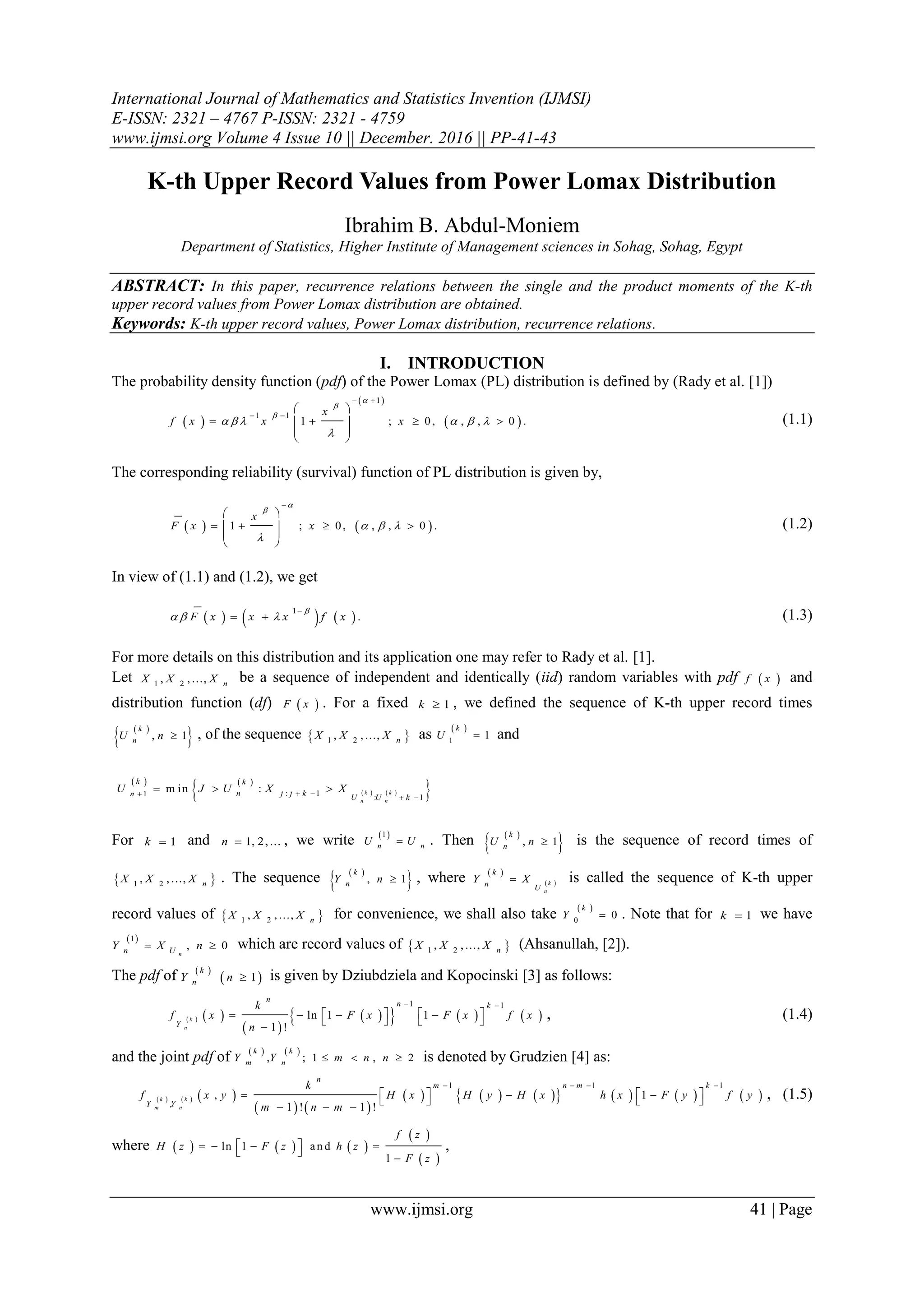K Th Upper Record Values From Power Lomax Distribution Pdf