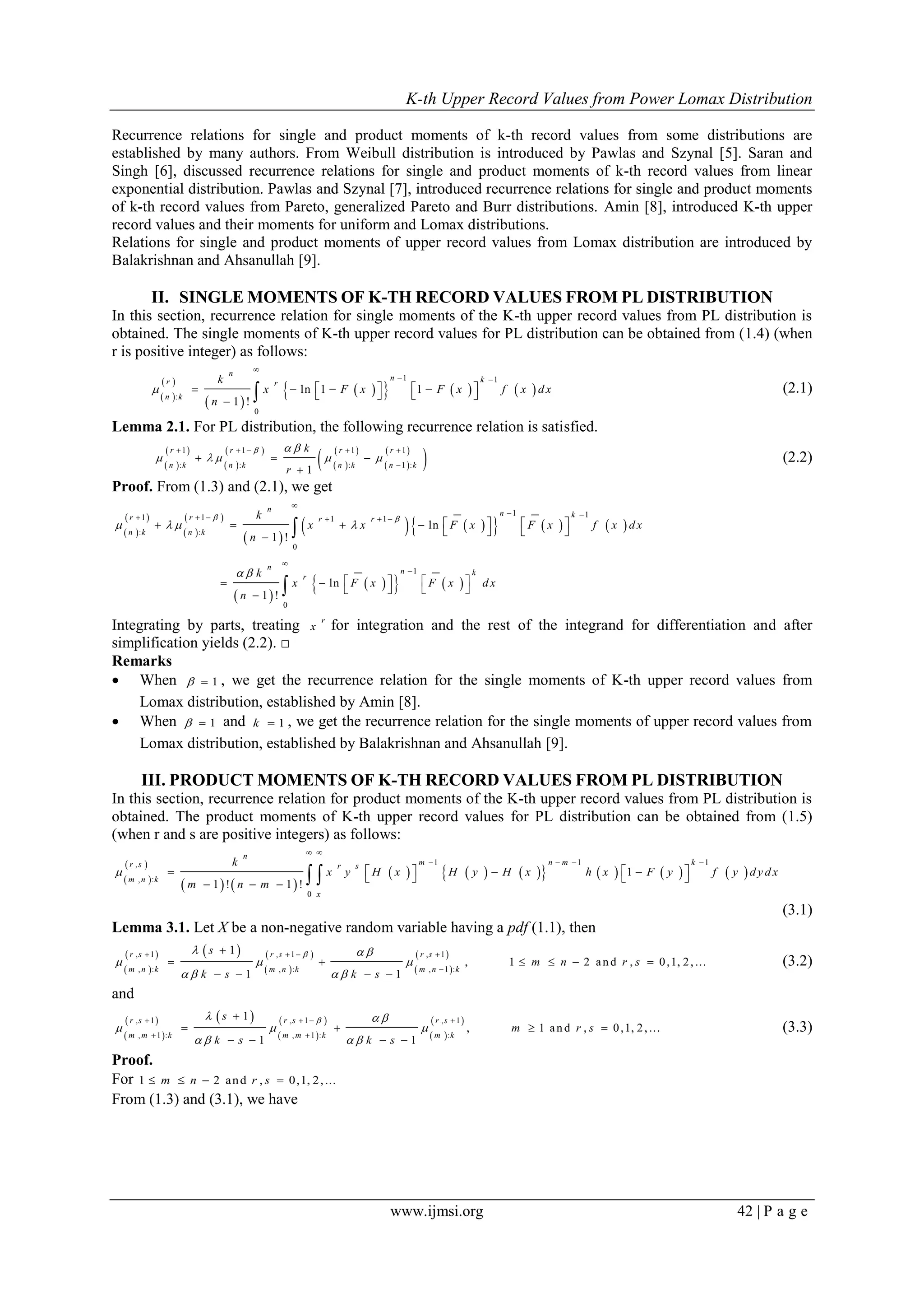 K Th Upper Record Values From Power Lomax Distribution Pdf