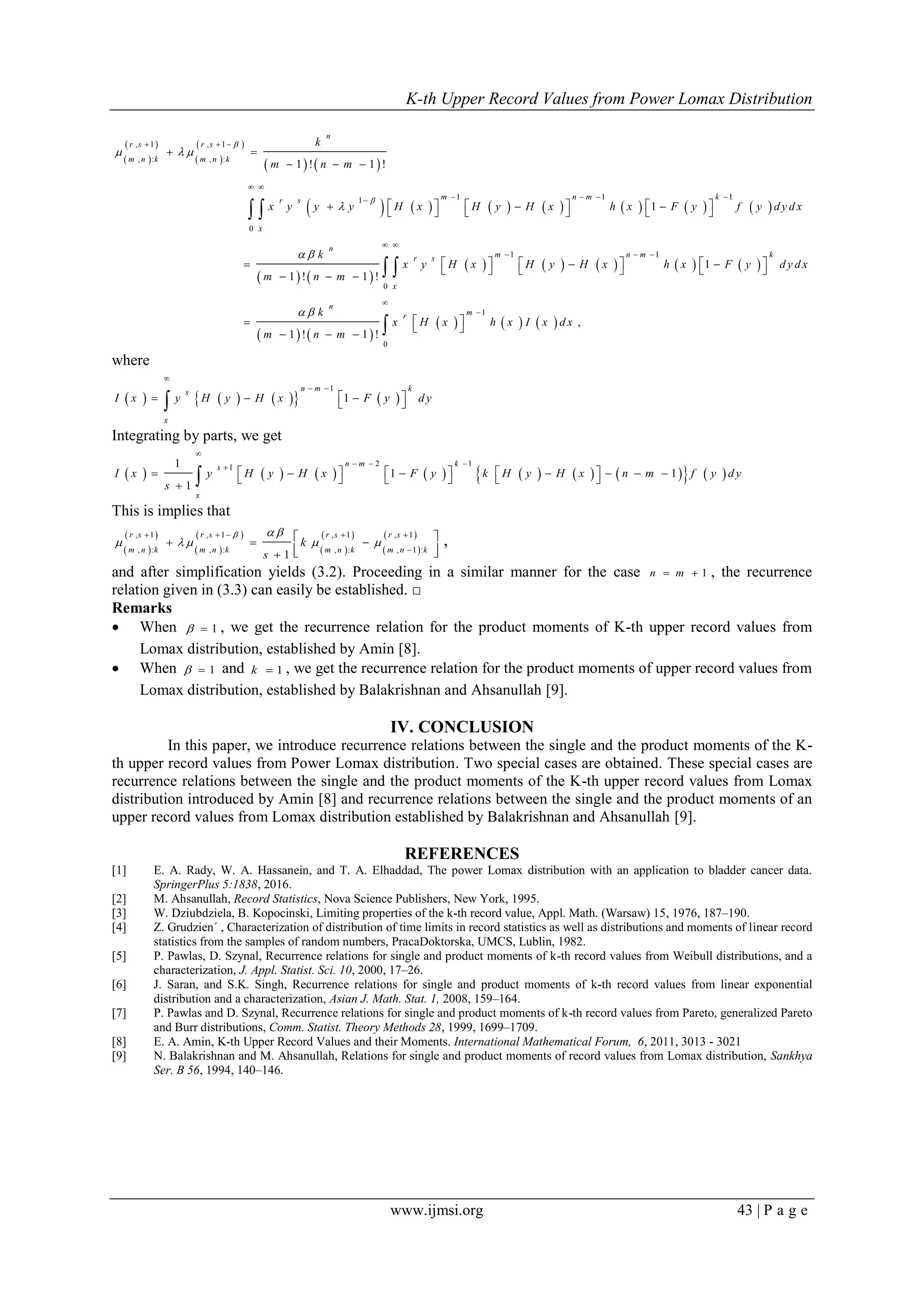 K-th Upper Record Values from Power Lomax Distribution | PDF