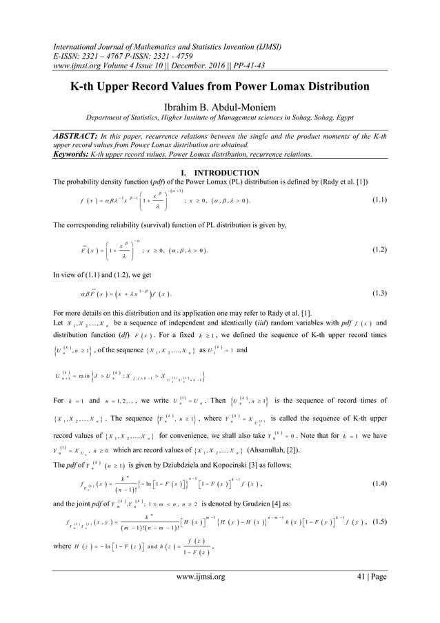 K-th Upper Record Values from Power Lomax Distribution | PDF