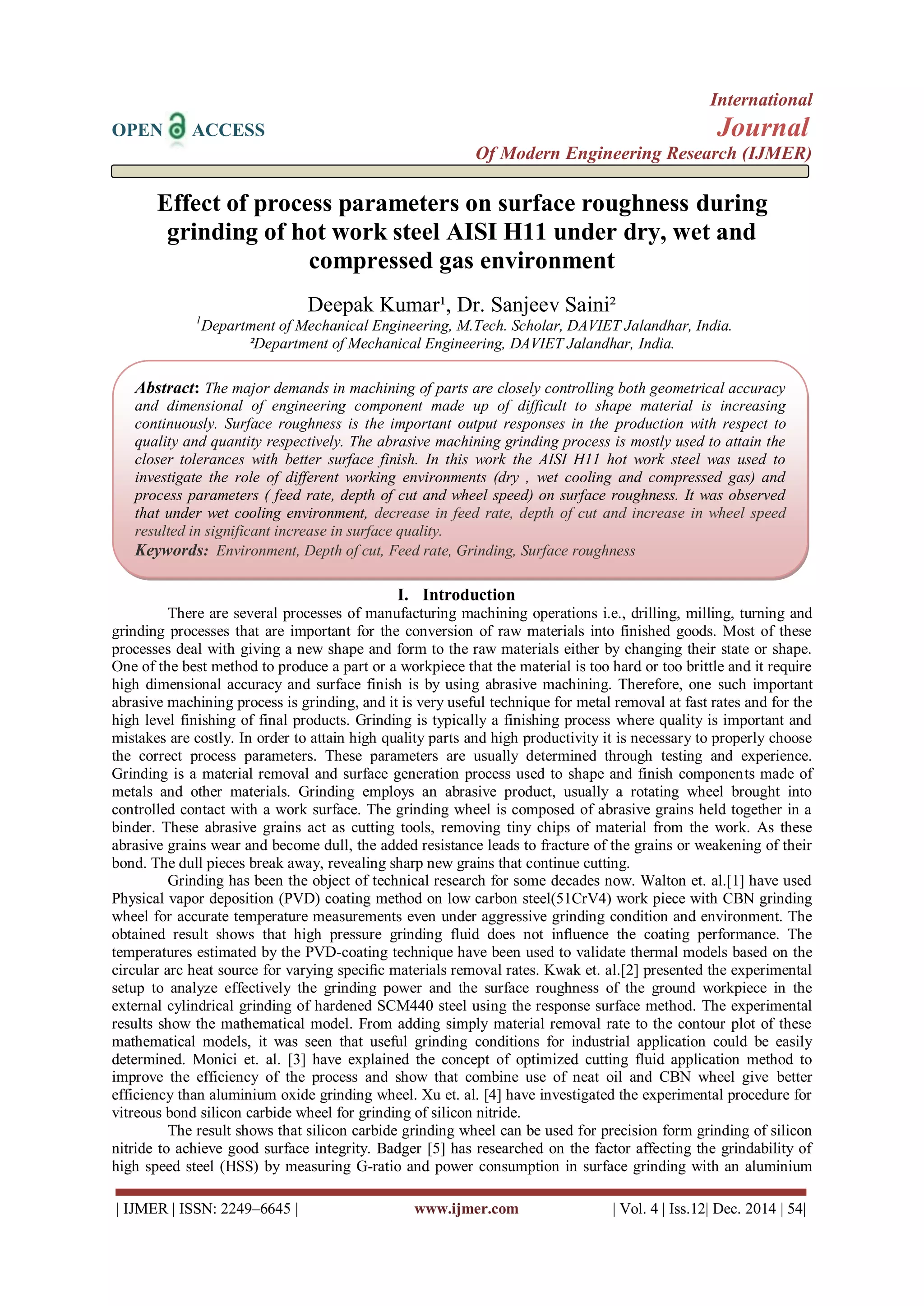 Effect of process parameters on surface roughness during grinding of ...