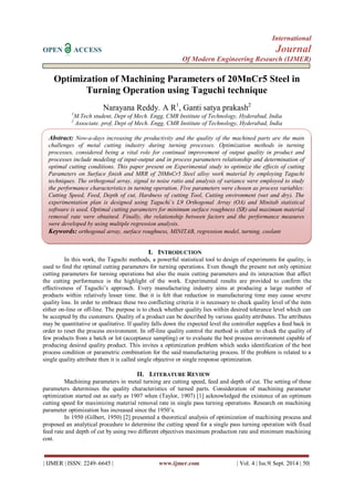 Optimization of Machining Parameters of 20MnCr5 Steel in Turning Operation using Taguchi ...