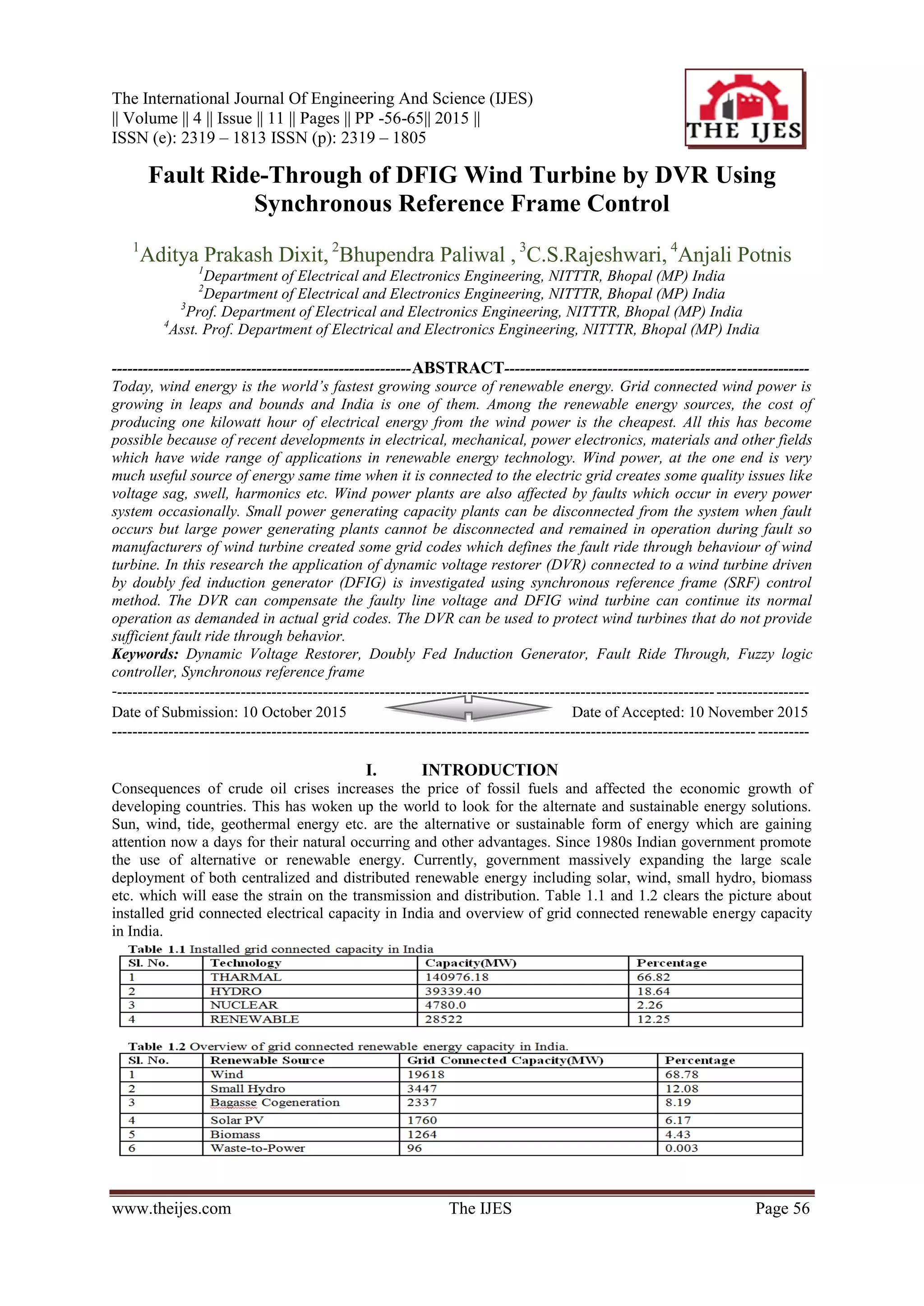 Fault Ride-Through of DFIG Wind Turbine by DVR Using Synchronous Reference Frame Control | PDF