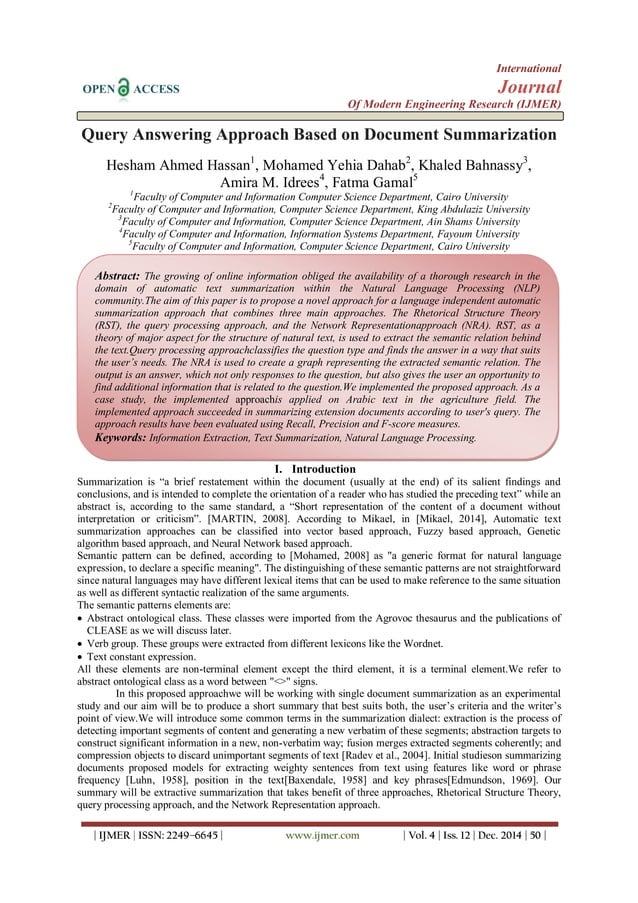 Query Answering Approach Based on Document Summarization | PDF