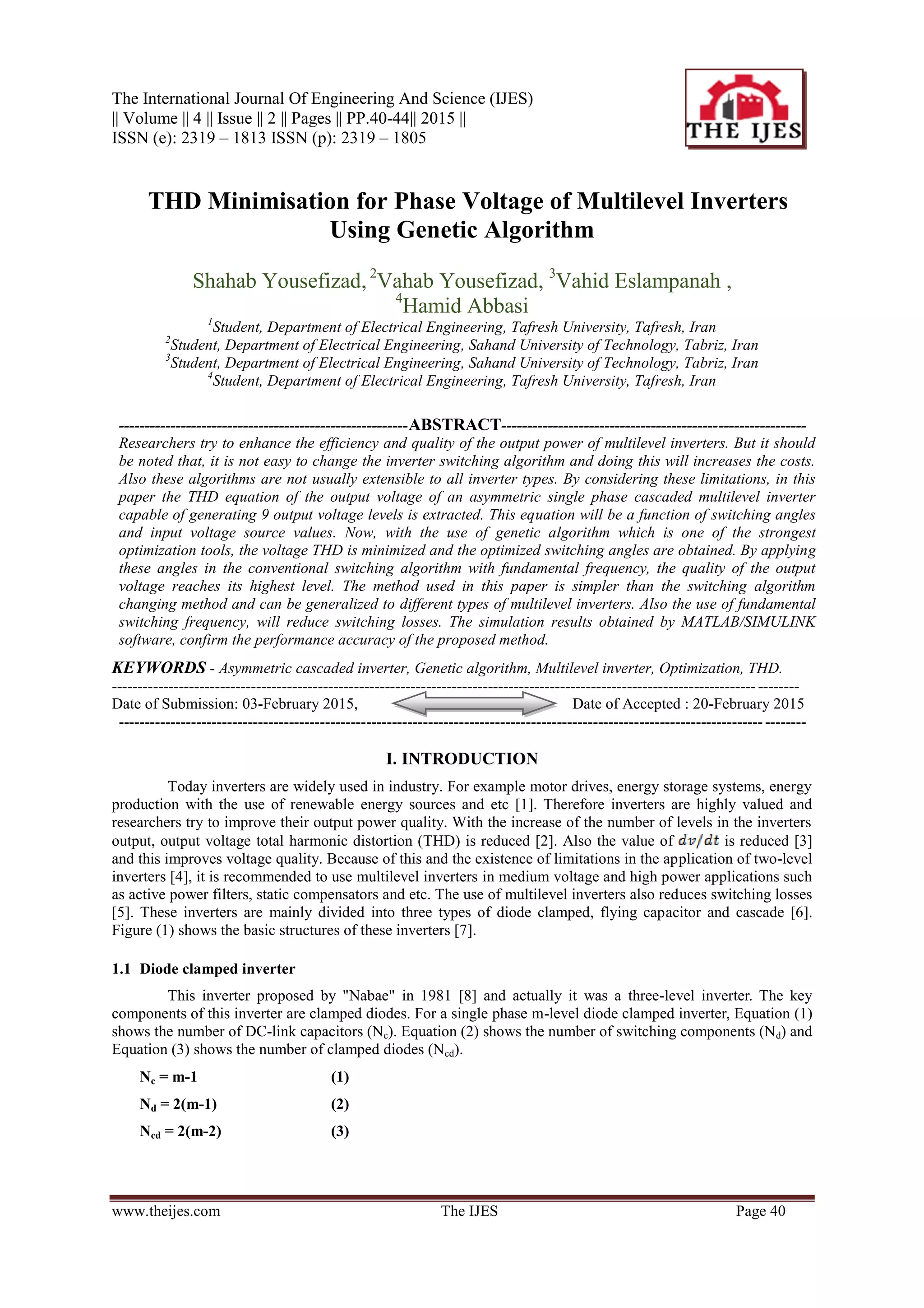 THD Minimisation for Phase Voltage of Multilevel Inverters Using Genetic Algorithm | PDF