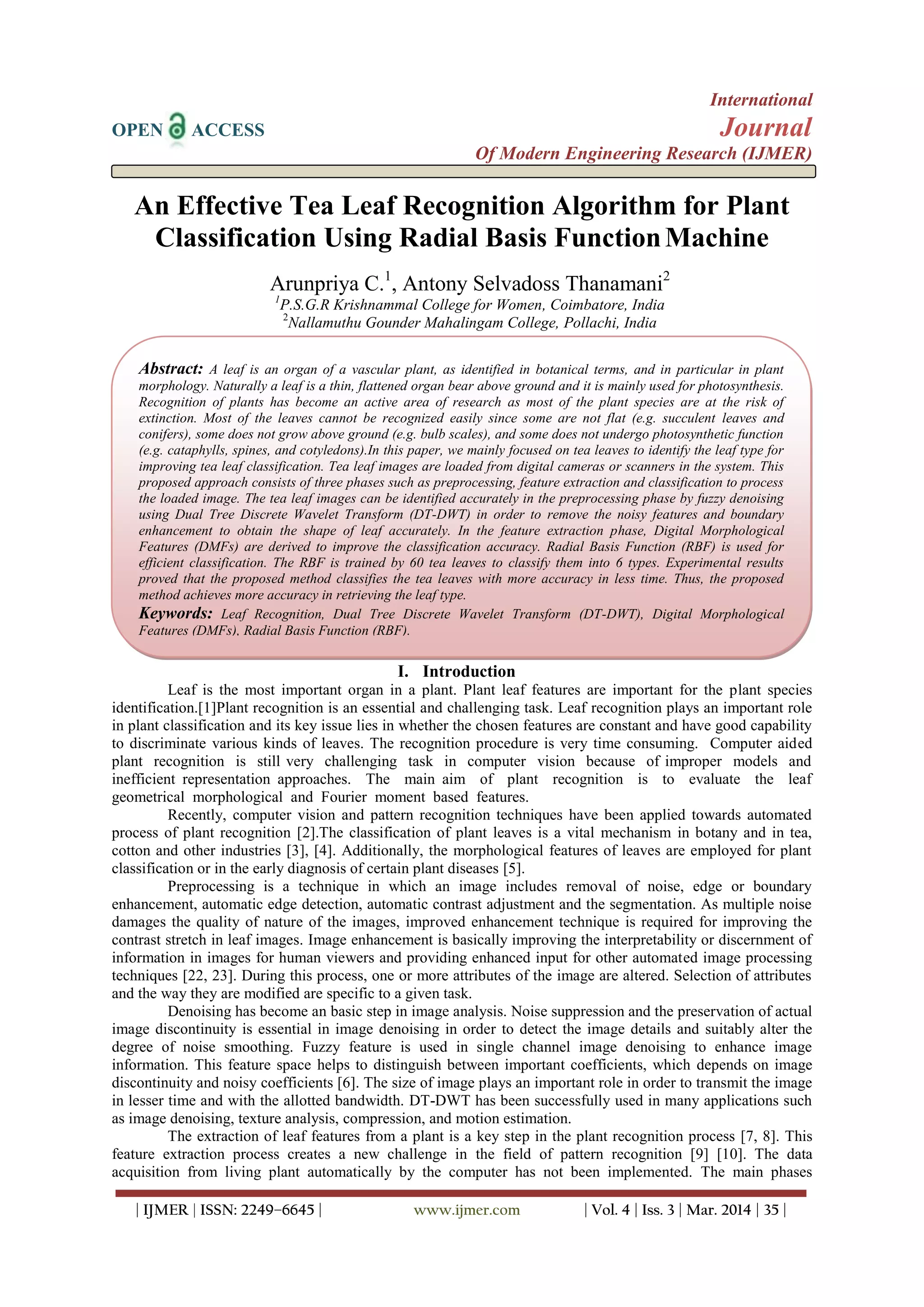 An Effective Tea Leaf Recognition Algorithm for Plant Classification Using Radial Basis Function ...