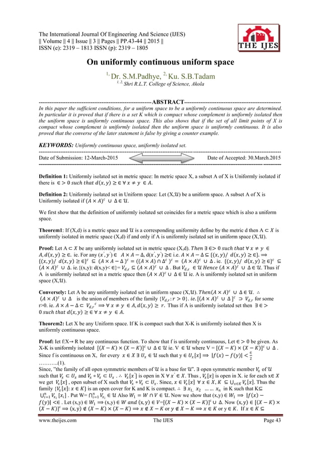 On uniformly continuous uniform space | PDF