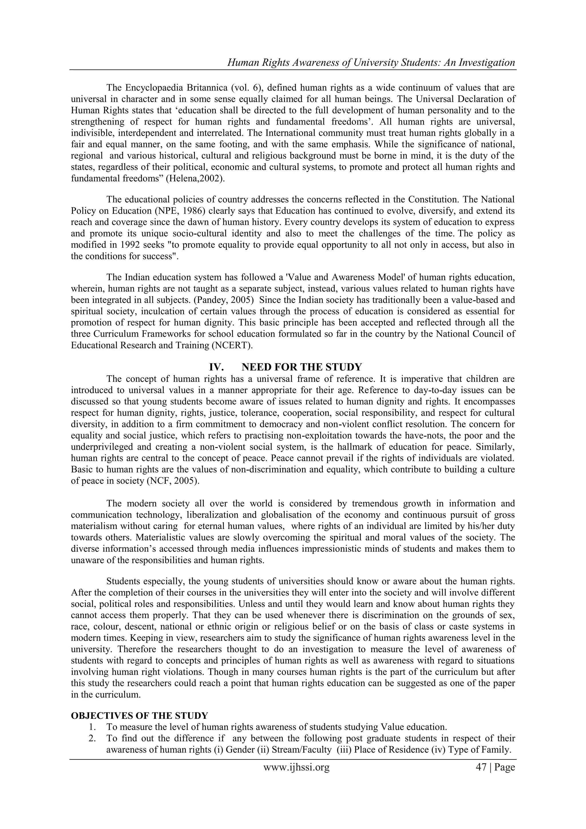 Human Rights Awareness of University Students: An Investigation | PDF