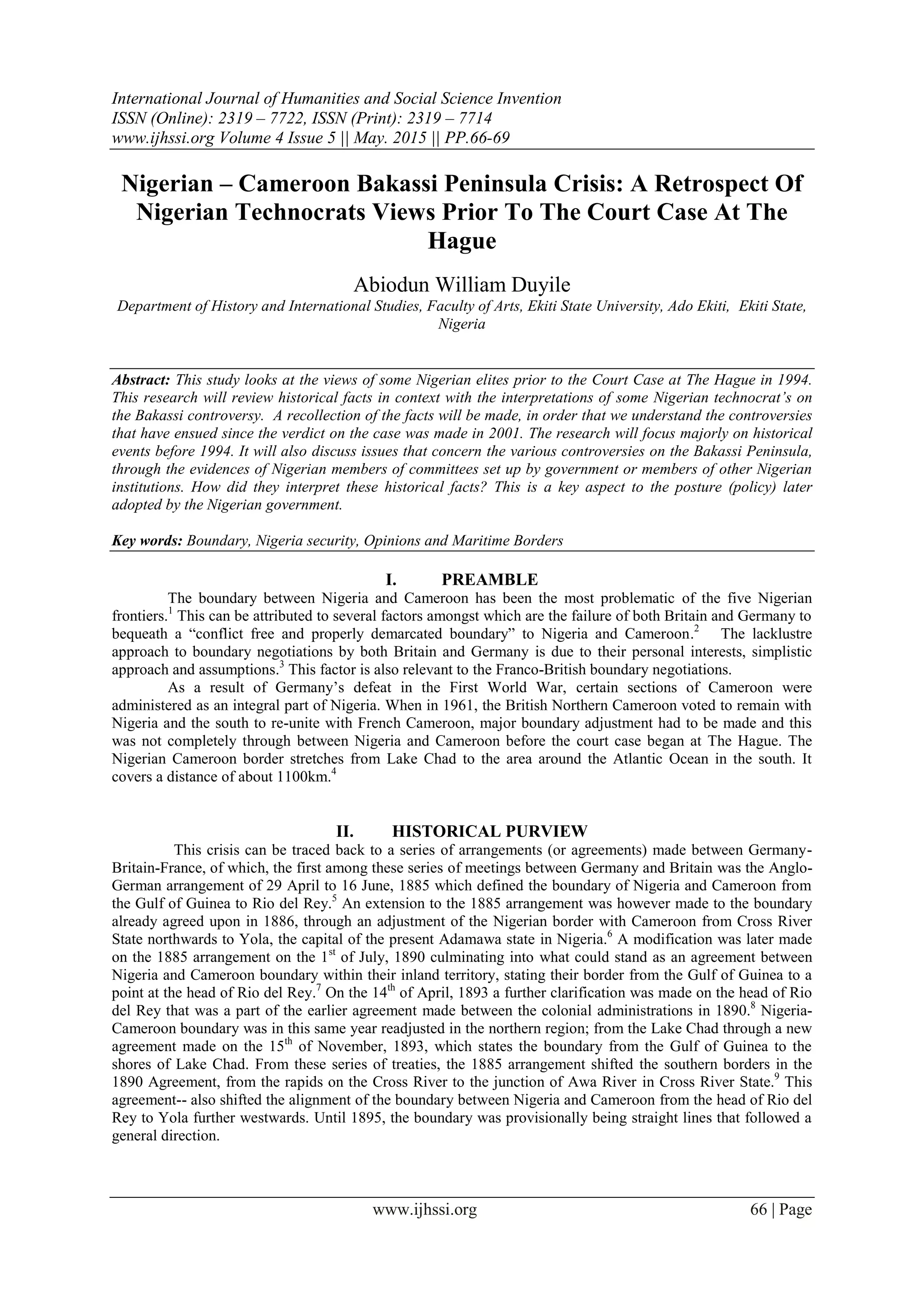 Nigerian – Cameroon Bakassi Peninsula Crisis: A Retrospect Of Nigerian ...