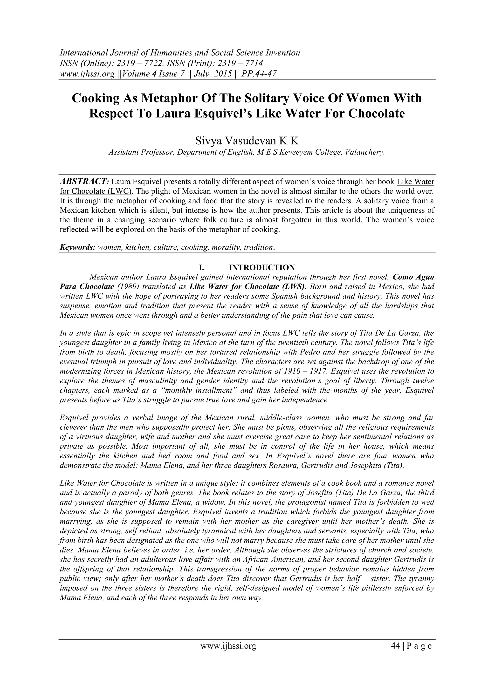 Cooking As Metaphor Of The Solitary Voice Of Women With Respect To ...