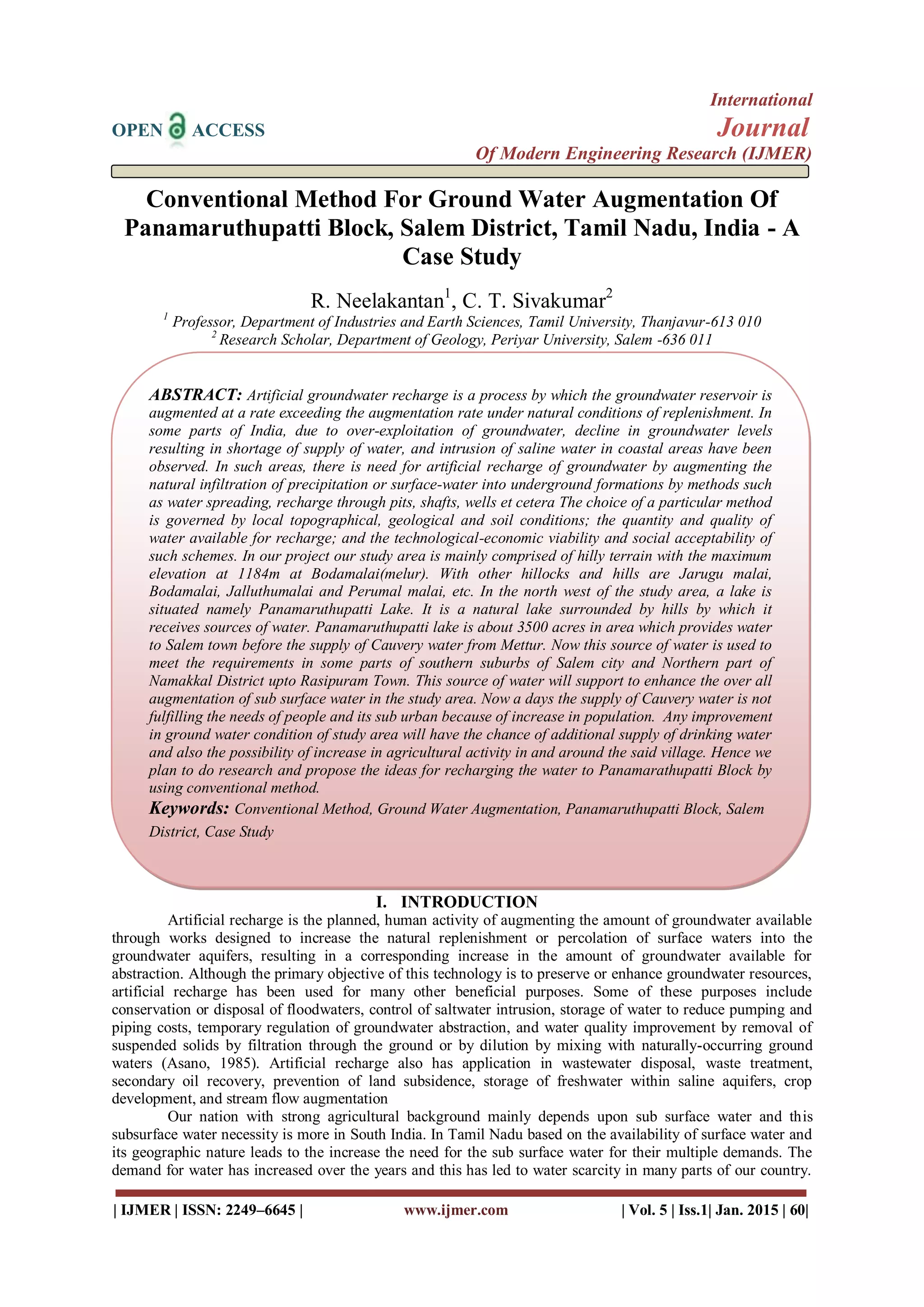 Conventional Method For Ground Water Augmentation Of Panamaruthupatti ...