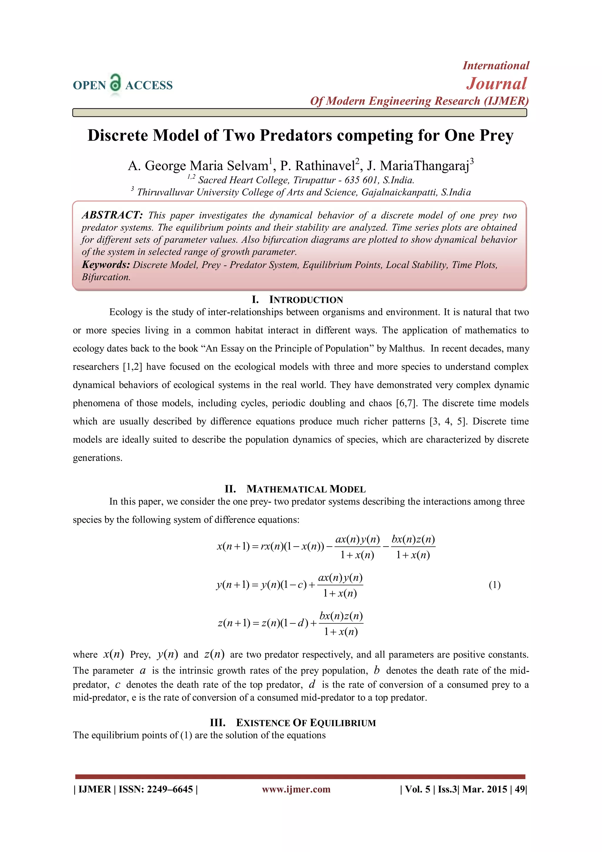 Discrete Model of Two Predators competing for One Prey | PDF | Chemistry | Science