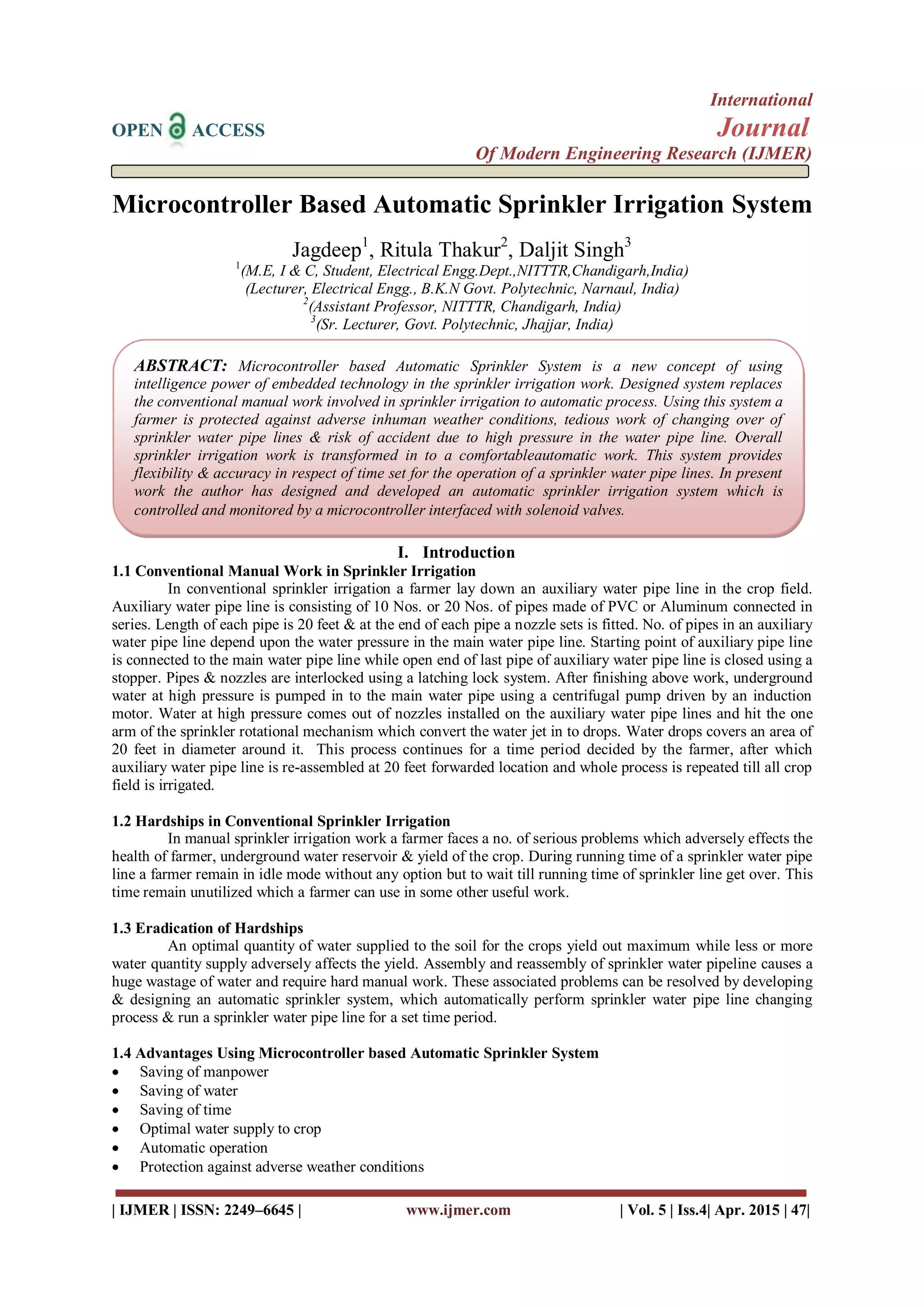 Microcontroller Based Automatic Sprinkler Irrigation System | PDF