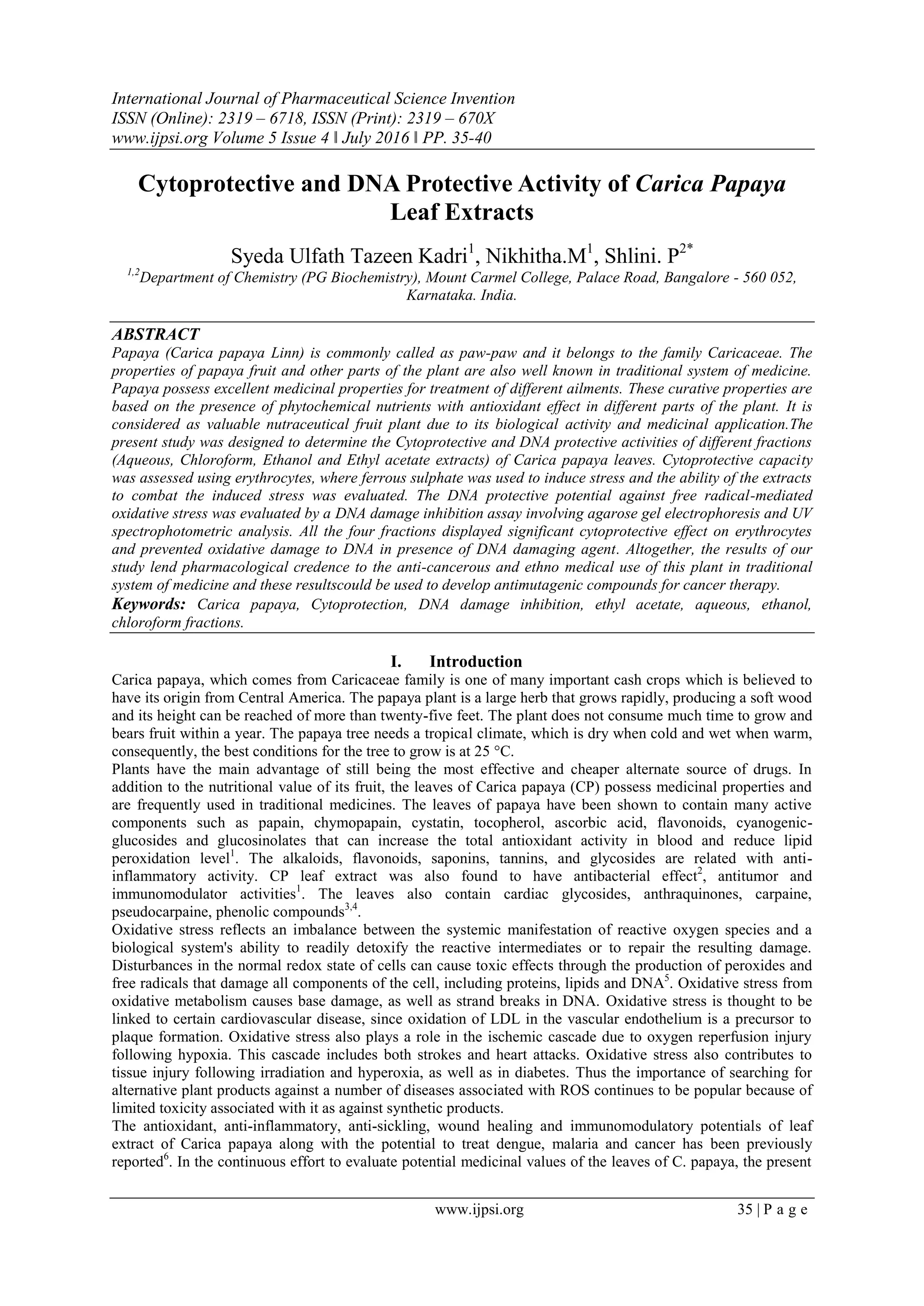 Cytoprotective and DNA Protective Activity of Carica Papaya Leaf Extracts | PDF