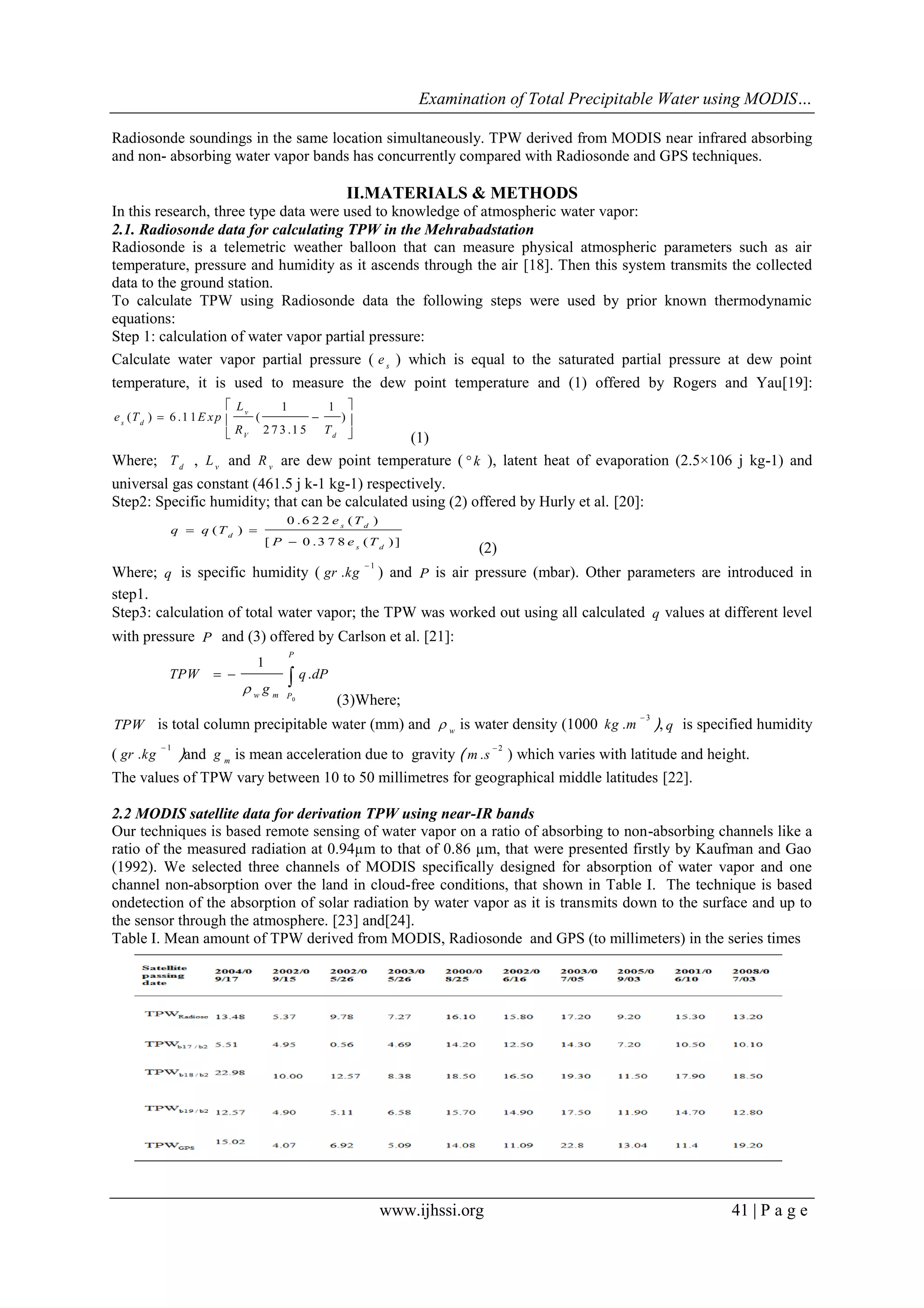 Examination of Total Precipitable Water using MODIS measurements and Comparison with Radiosonde ...