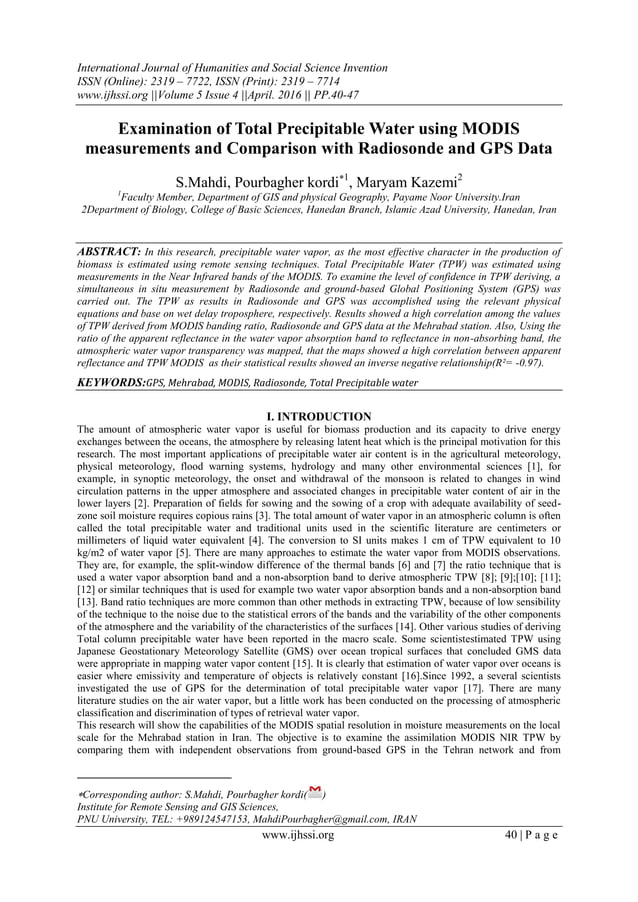 Examination of Total Precipitable Water using MODIS measurements and Comparison with Radiosonde ...