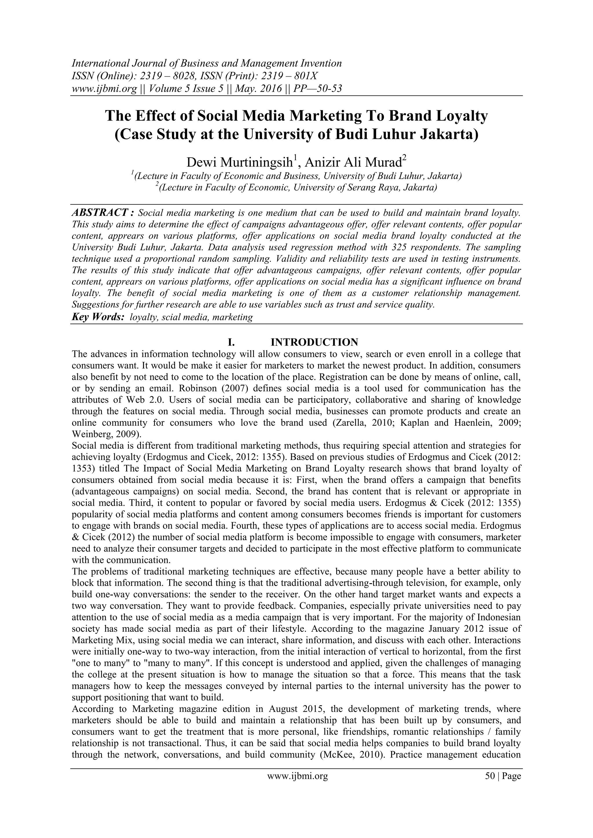 The Effect of Social Media Marketing To Brand Loyalty (Case Study at ...