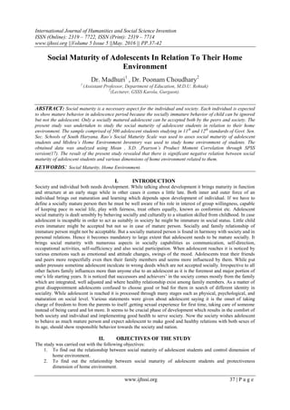 Social Maturity of Adolescents In Relation To Their Home Environment | PDF