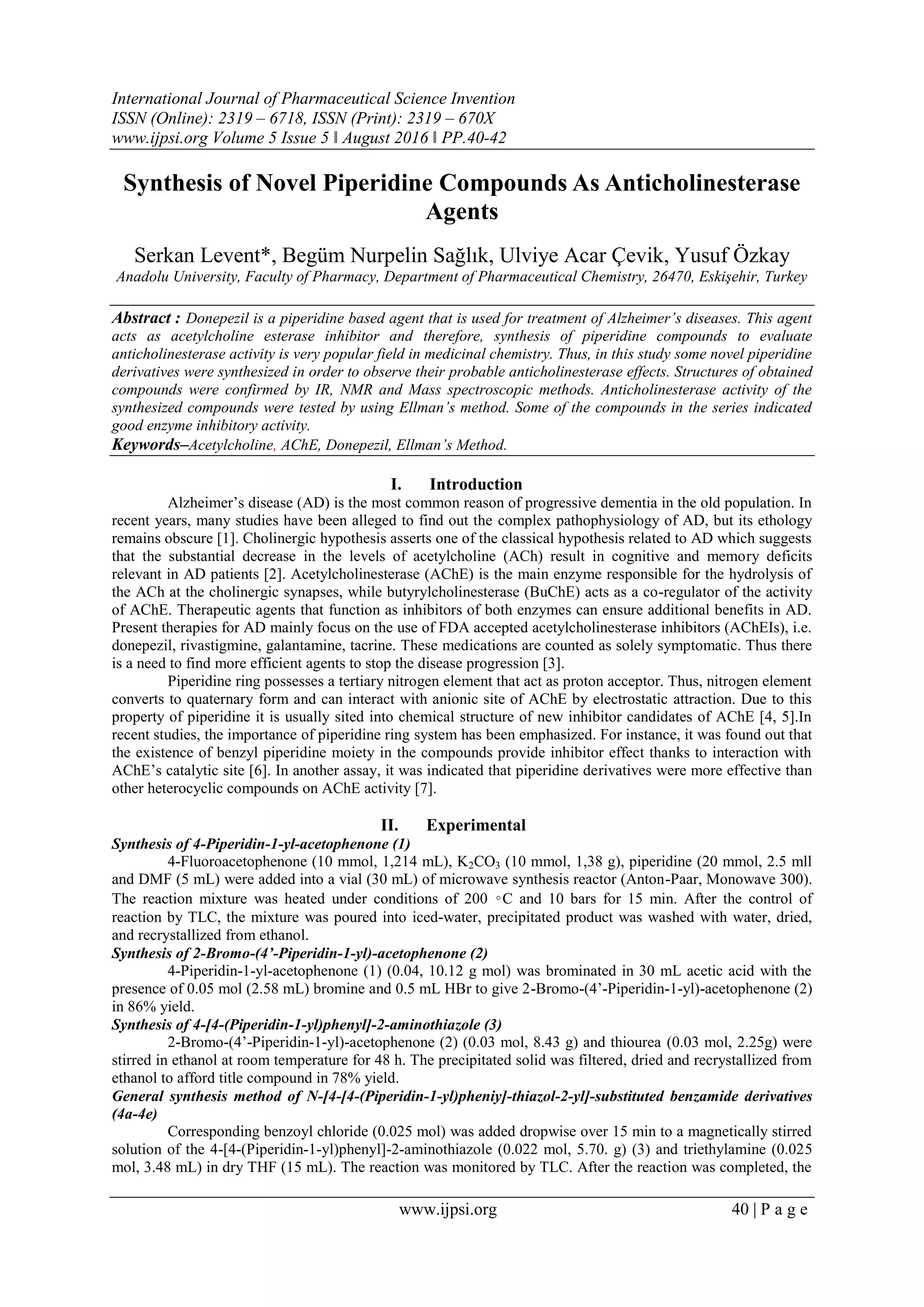 Synthesis of Novel Piperidine Compounds As Anticholinesterase Agents | PDF