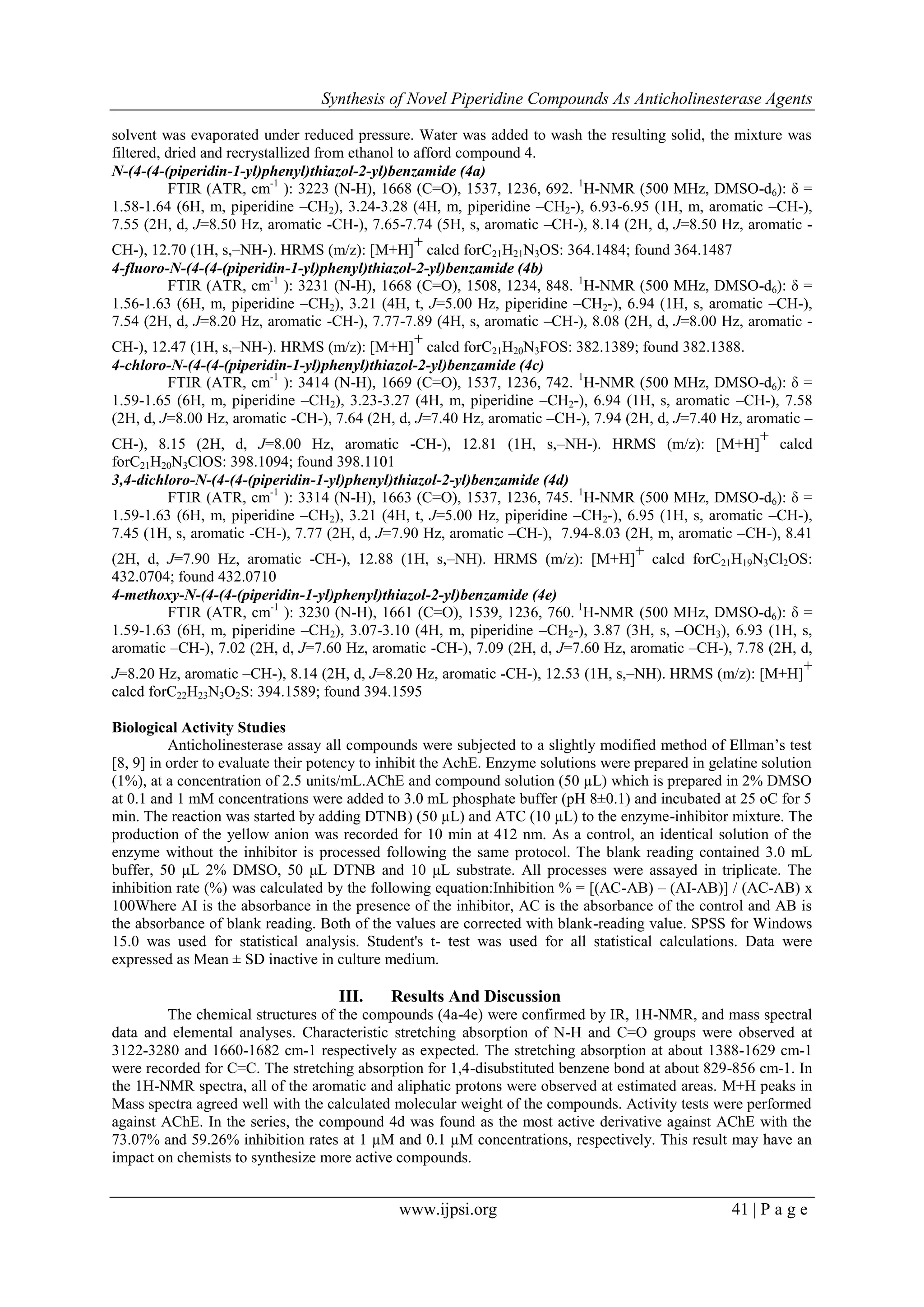 Synthesis of Novel Piperidine Compounds As Anticholinesterase Agents | PDF