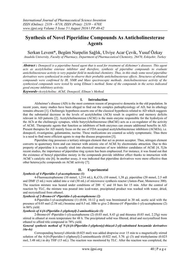 Synthesis of Novel Piperidine Compounds As Anticholinesterase Agents | PDF