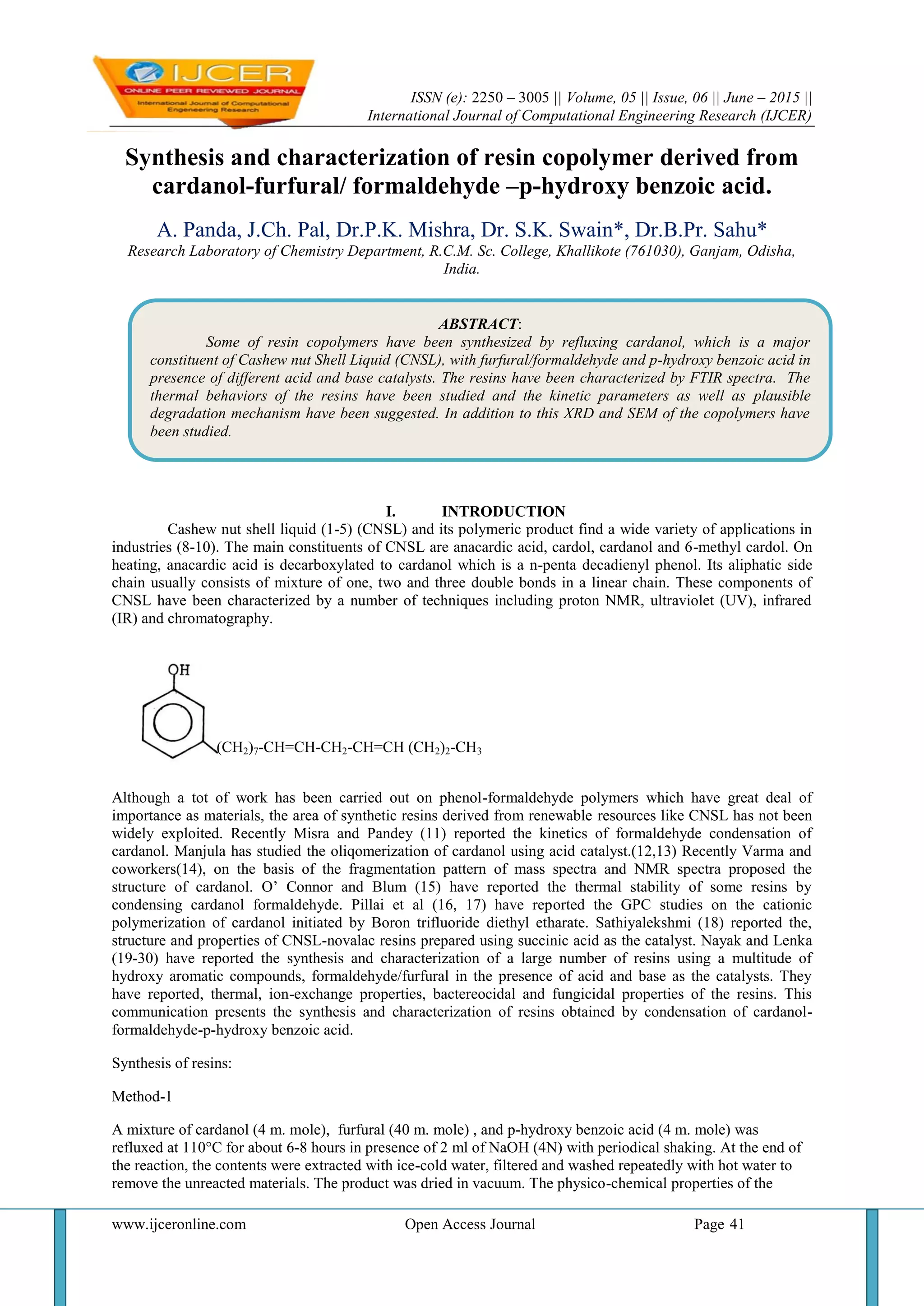Synthesis and characterization of resin copolymer derived from cardanol-furfural/ formaldehyde ...