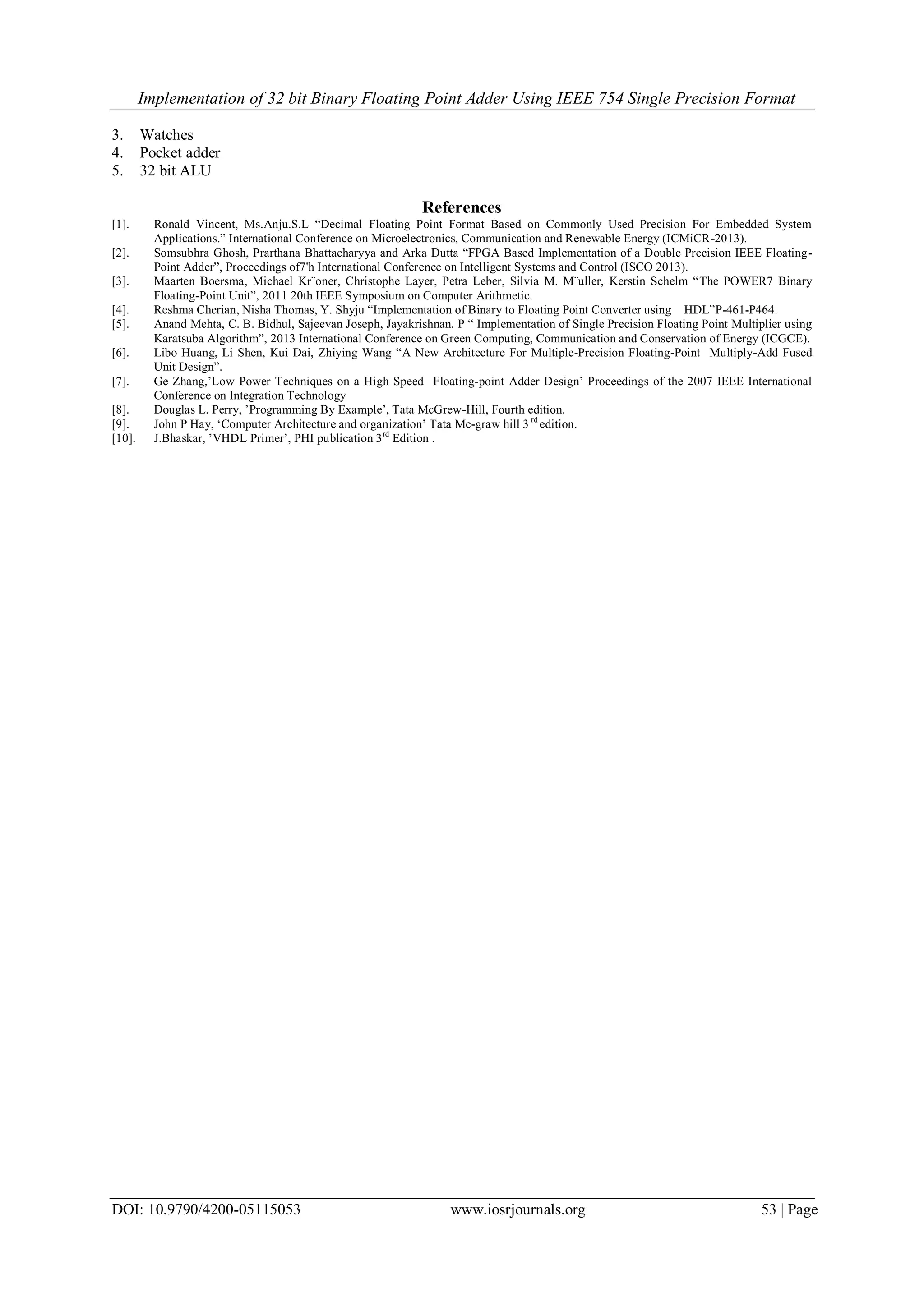Implementation Of 32 Bit Binary Floating Point Adder Using Ieee 754 Single Precision Format Pdf 