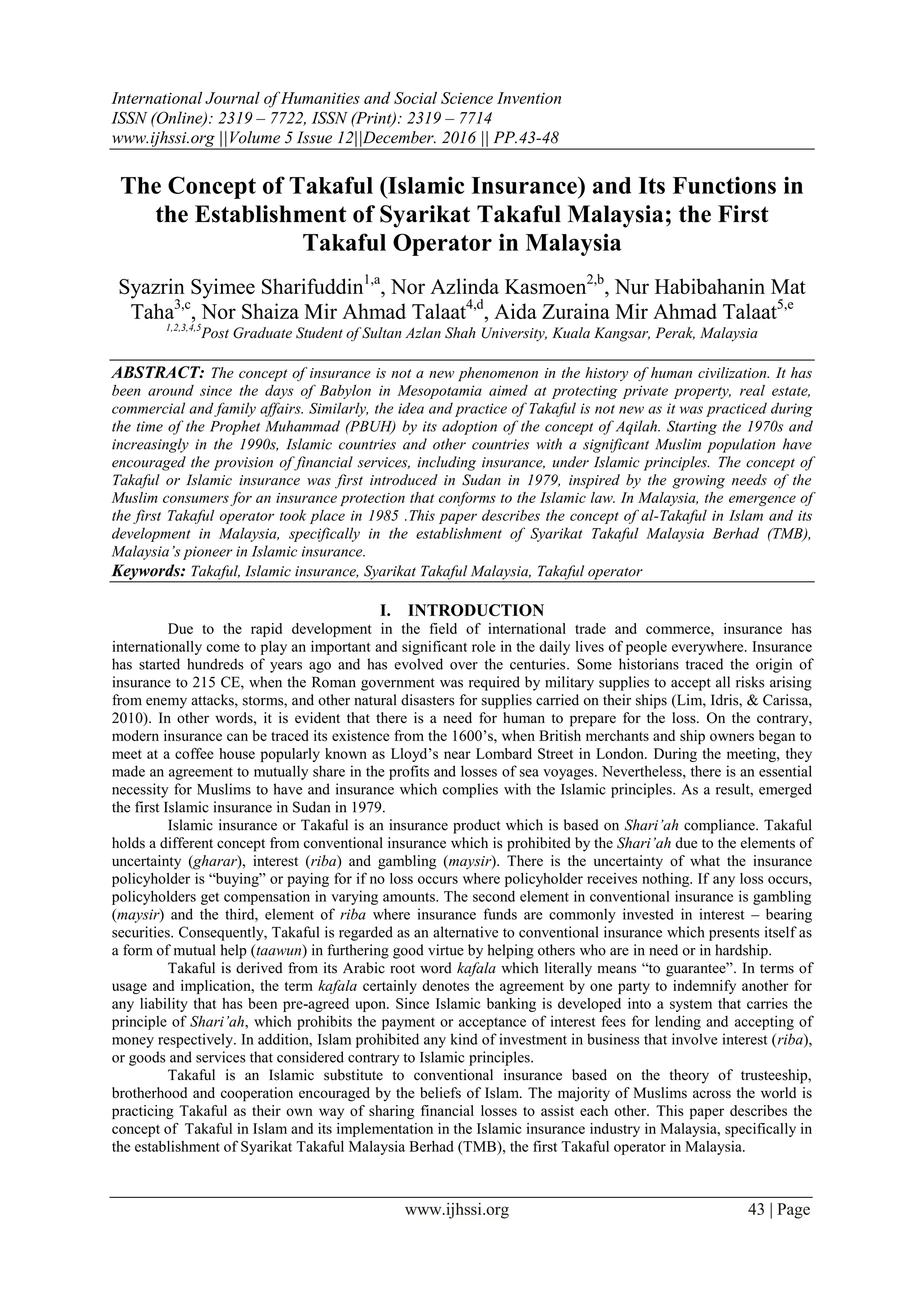 The Concept of Takaful (Islamic Insurance) and Its Functions in the ...