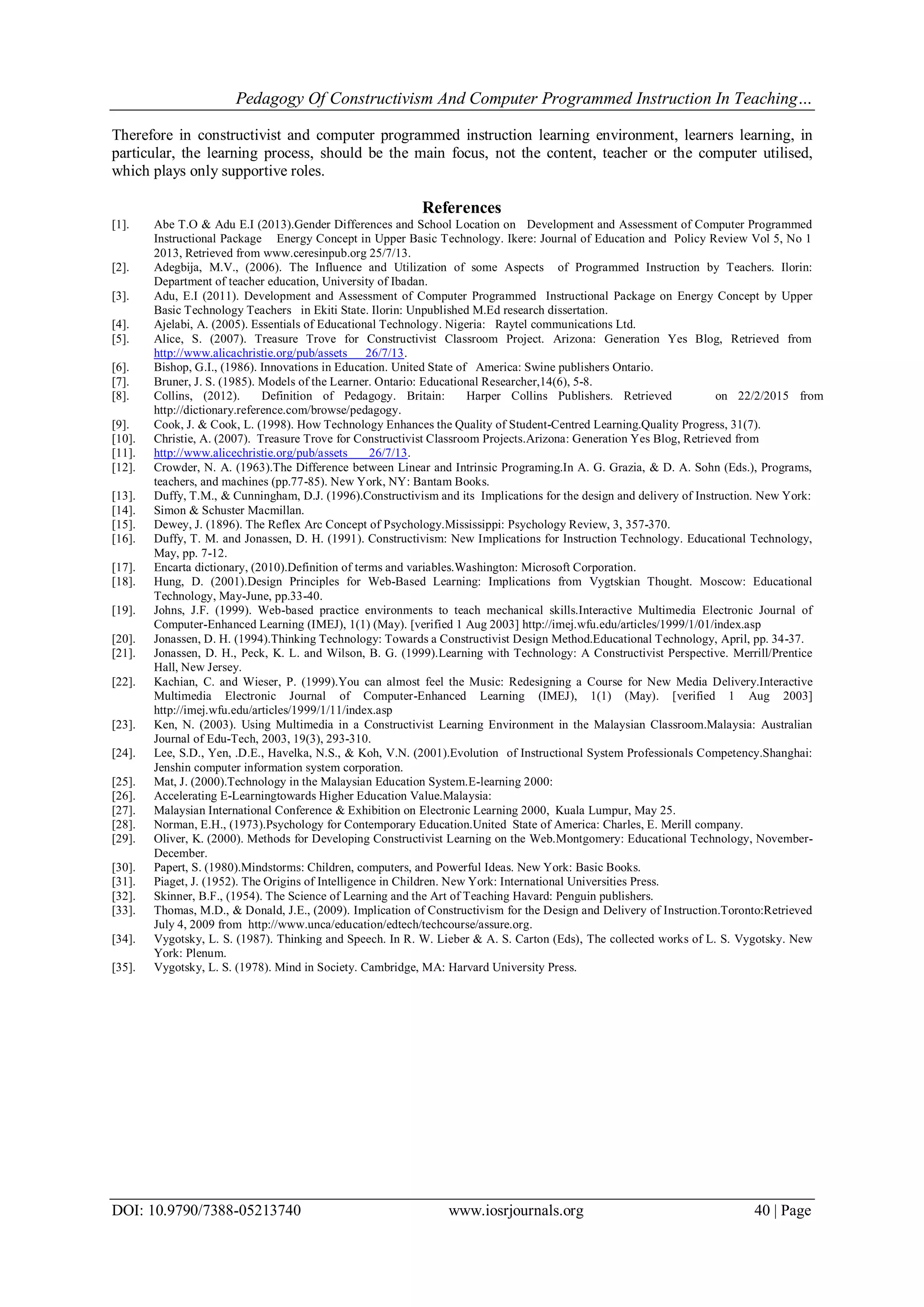 Pedagogy of Constructivism and Computer Programmed Instruction in Teaching and Learning ...