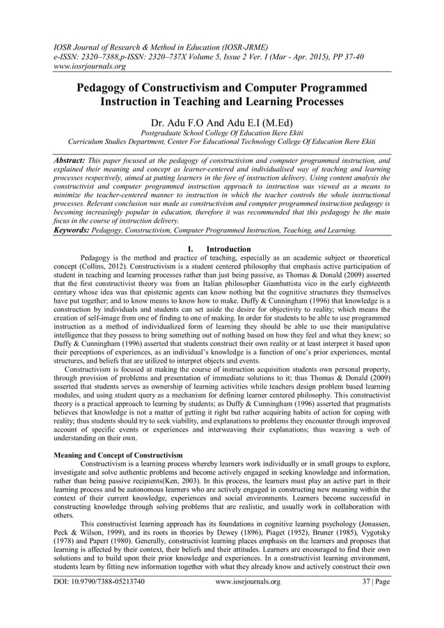 Pedagogy of Constructivism and Computer Programmed Instruction in Teaching and Learning ...