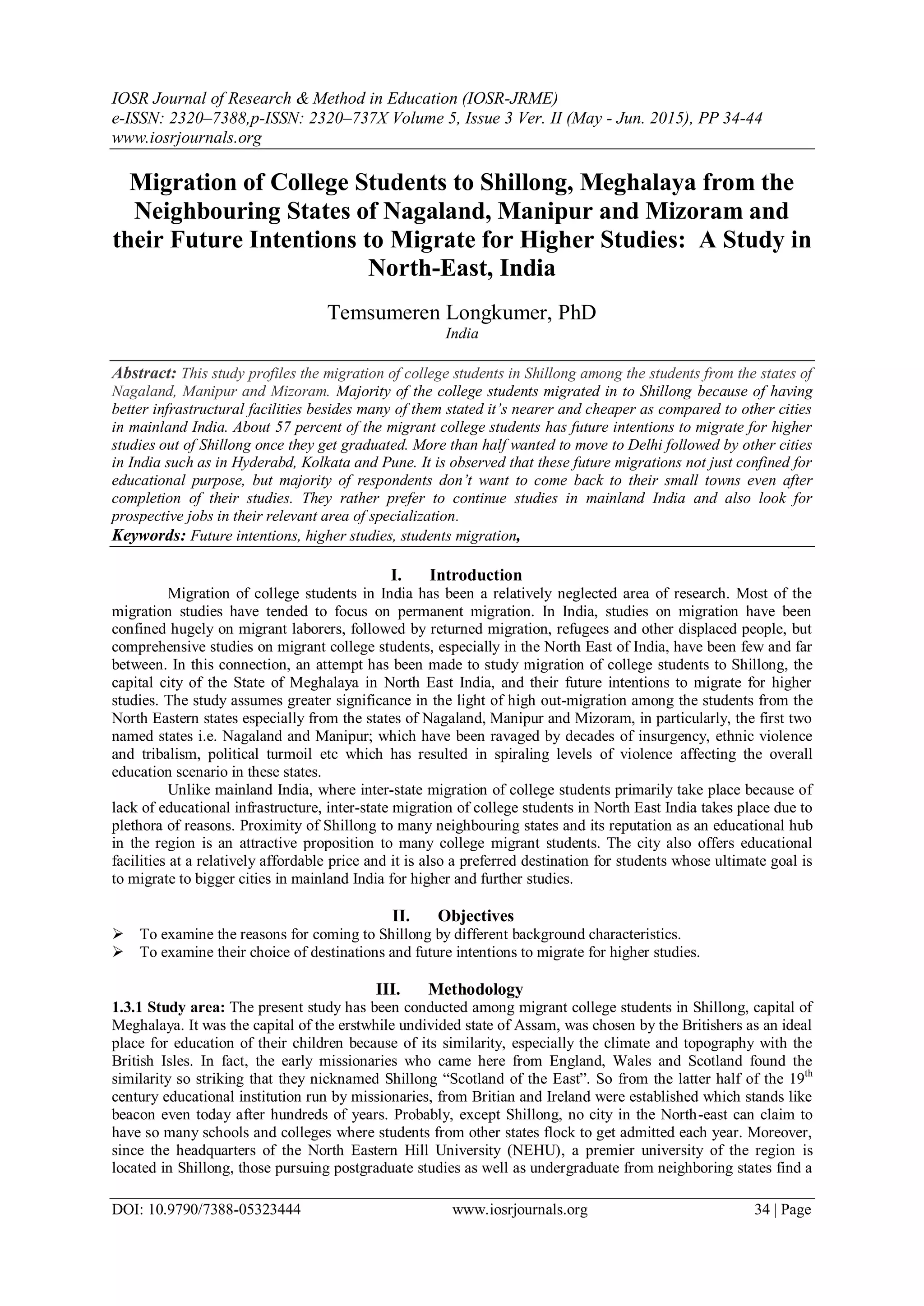 Migration of College Students to Shillong, Meghalaya from the ...