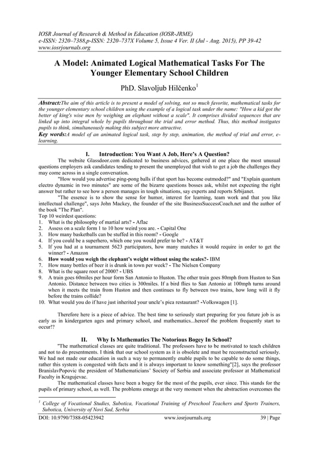 A Model: Animated Logical Mathematical Tasks For The Younger Elementary ...