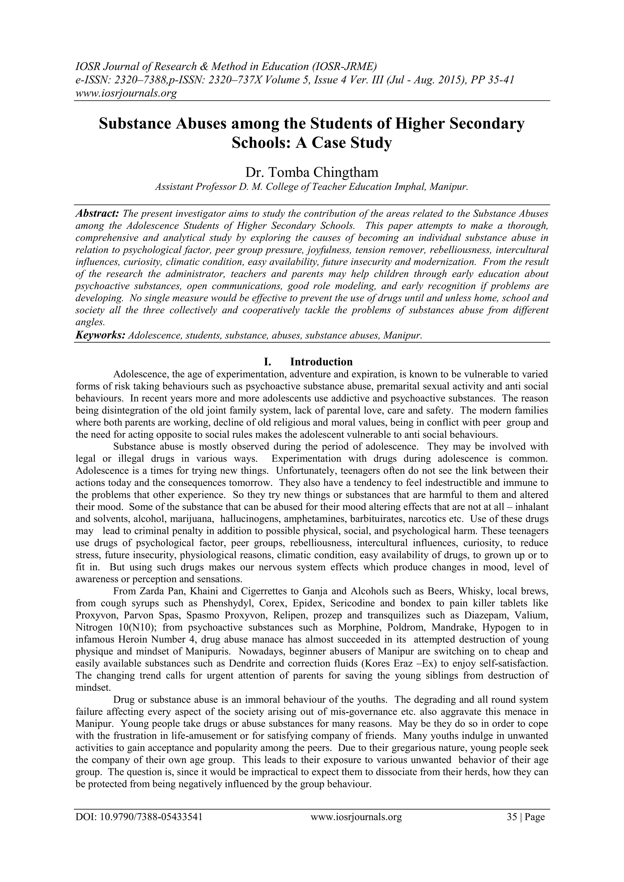 Substance Abuses among the Students of Higher Secondary Schools: A Case ...