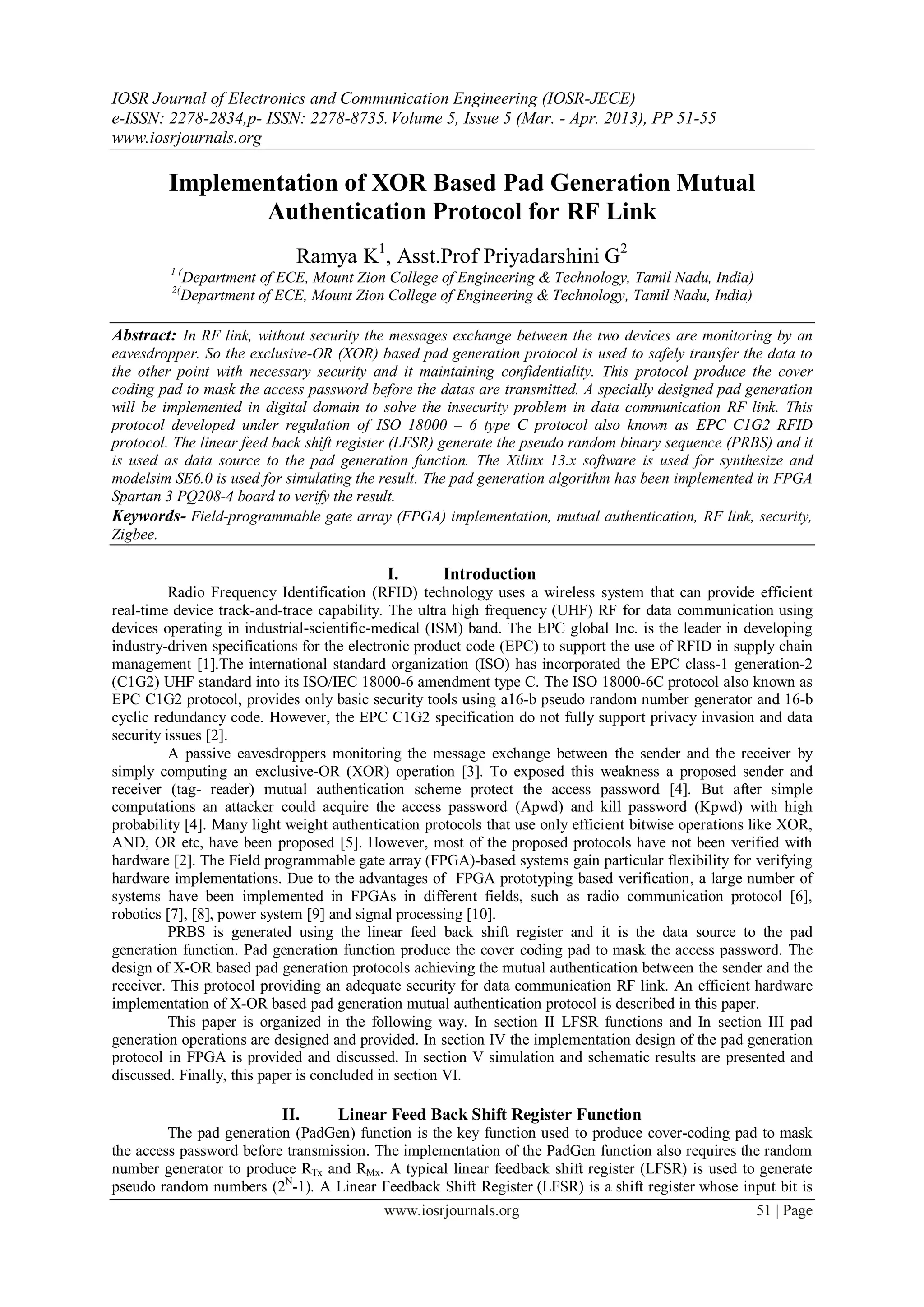 Implementation of XOR Based Pad Generation Mutual Authentication Protocol for RF Link | PDF