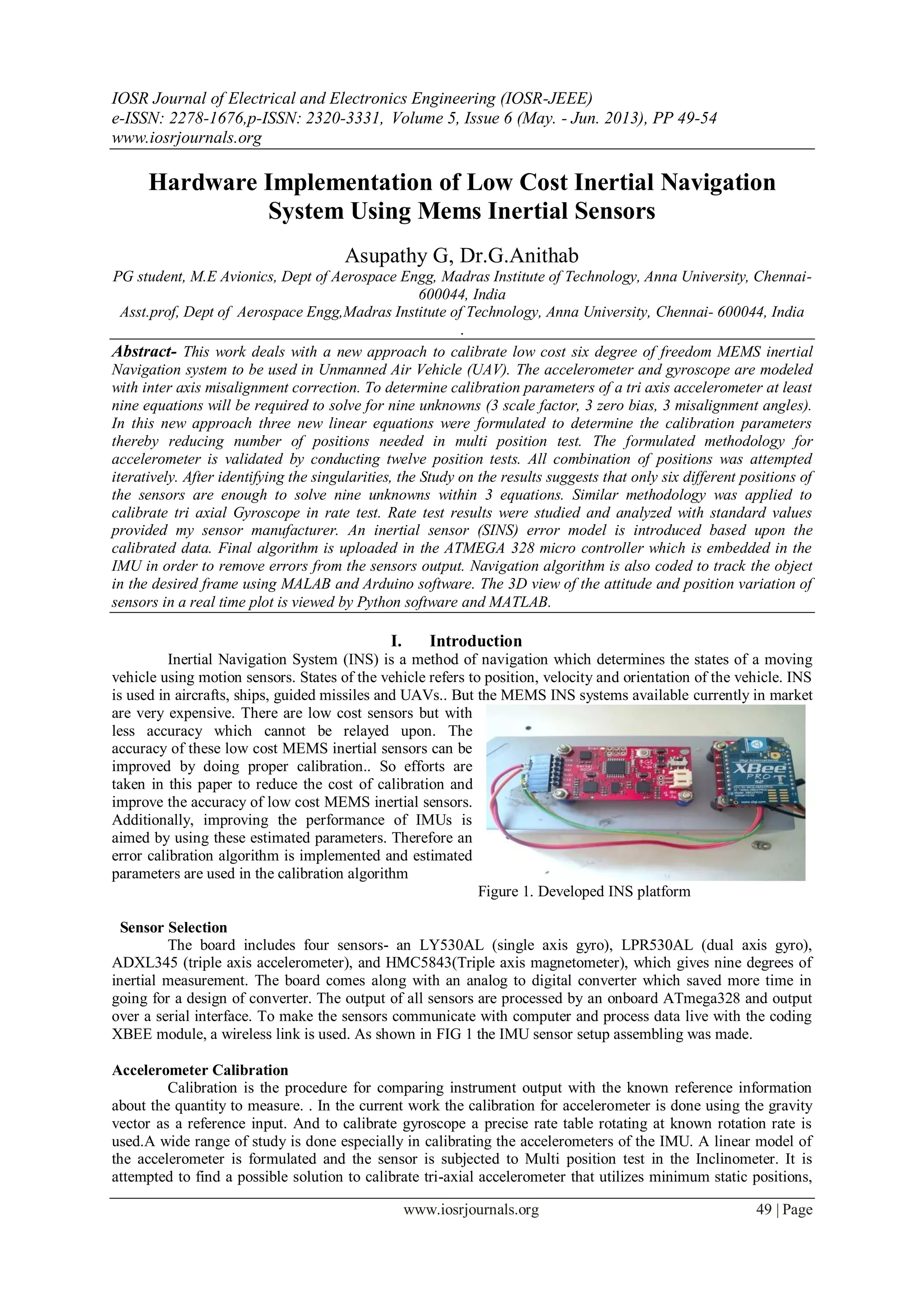 Hardware Implementation of Low Cost Inertial Navigation System Using Mems Inertial Sensors | PDF